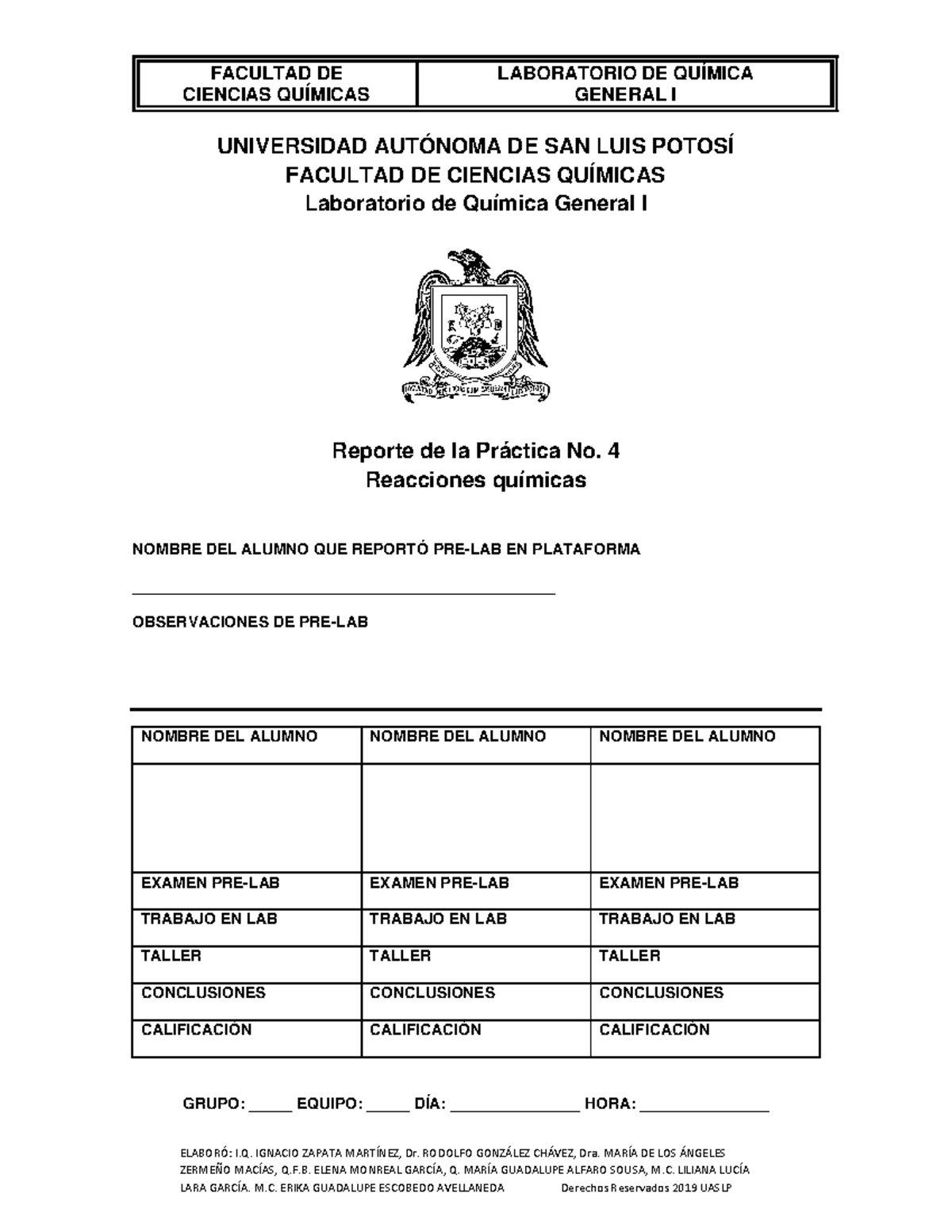 Práctica 4 Reacciones Químicas Ciencias QuÍmicas General I Elabor