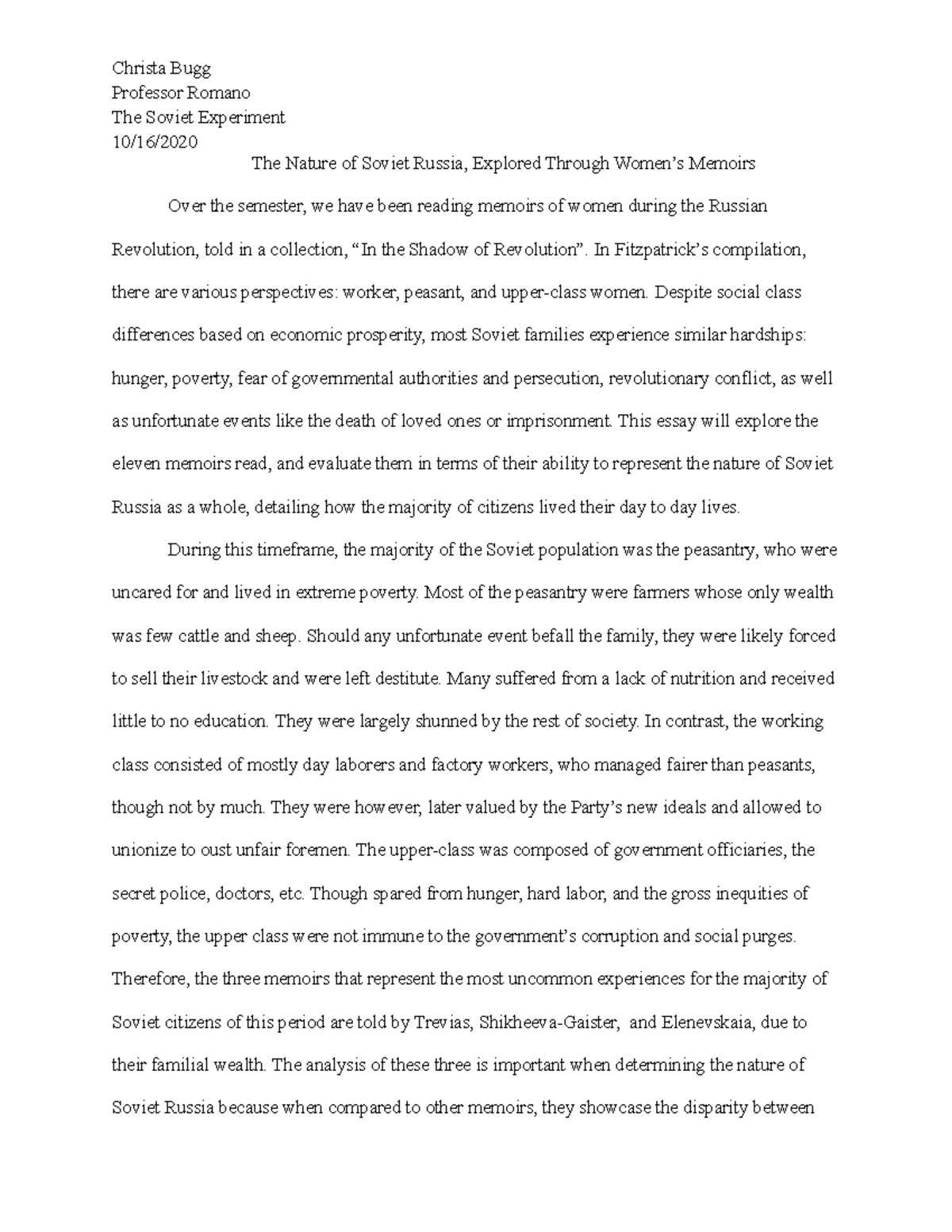 Memoir essay soviet history - Professor Romano The Soviet Experiment 10 ...