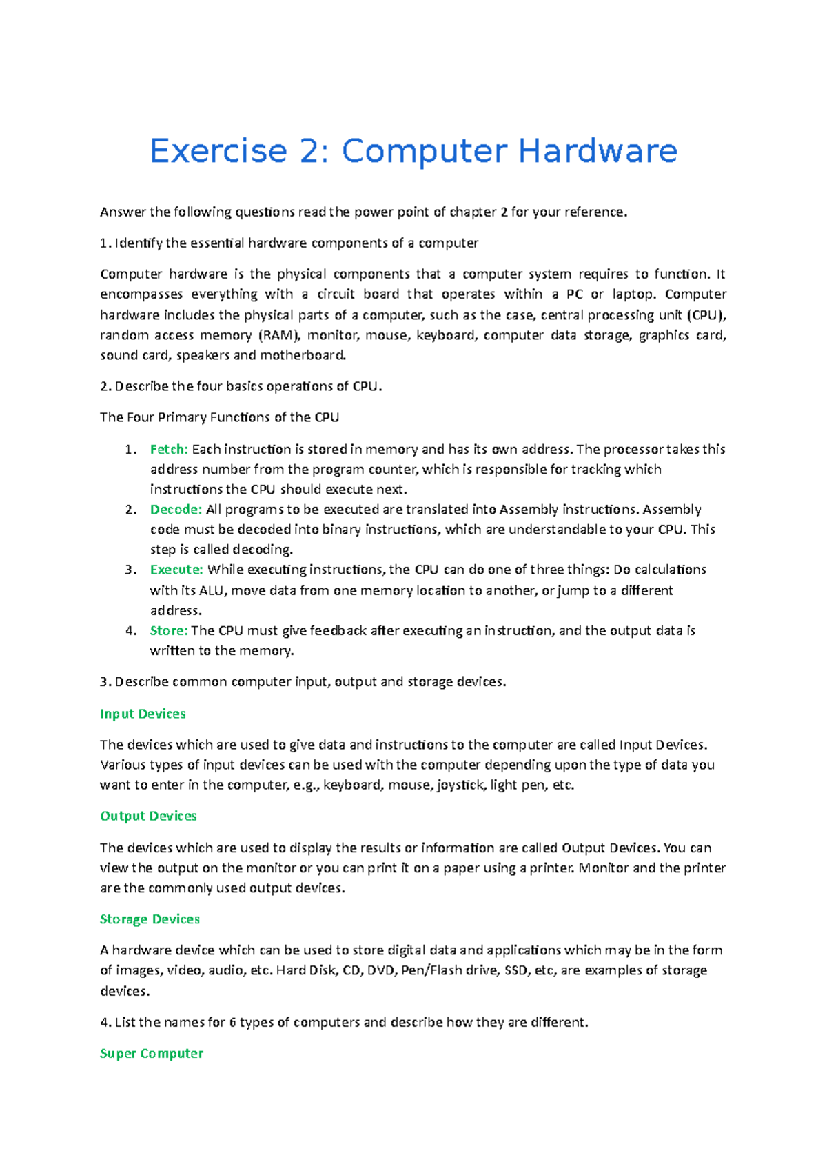 Exercise-2 - Can help you - Exercise 2: Computer Hardware Answer the ...