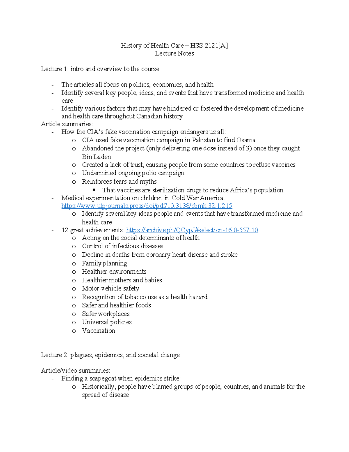 History of health care lecture notes - History of Health Care – HSS ...