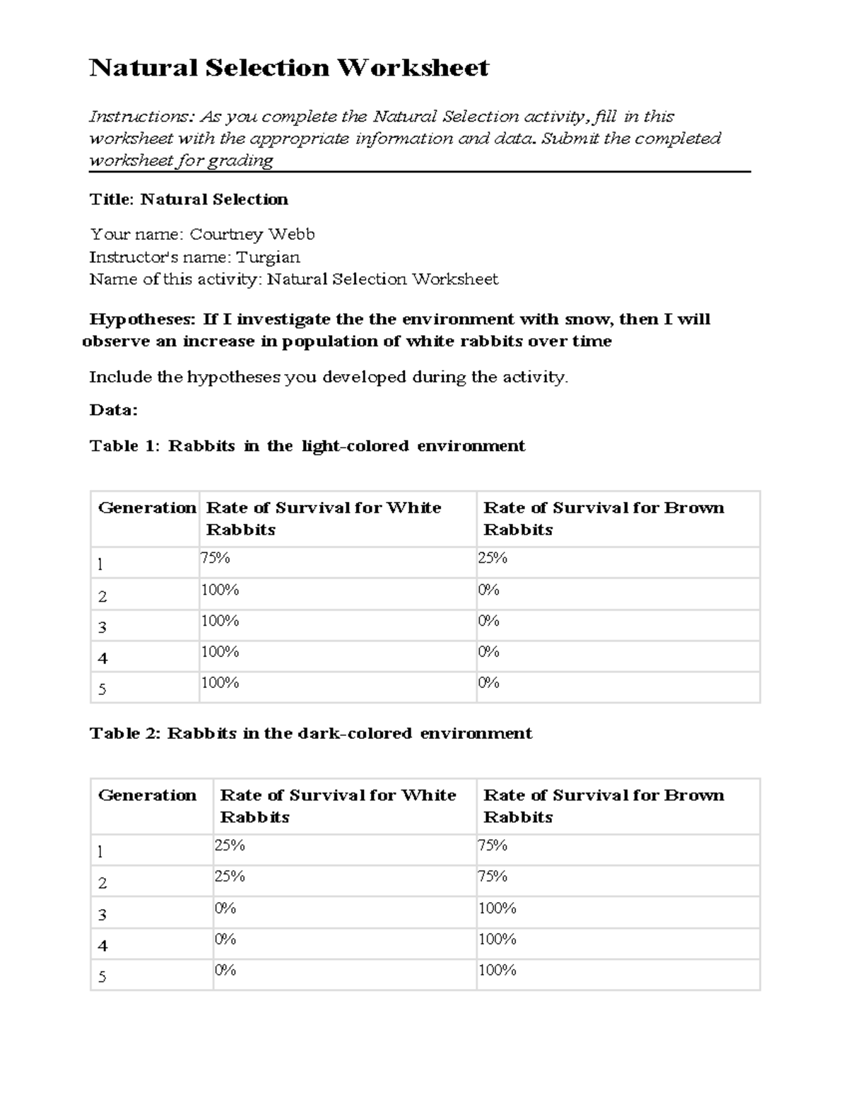 Natural selection worksheet - Natural Selection Worksheet Instructions ...