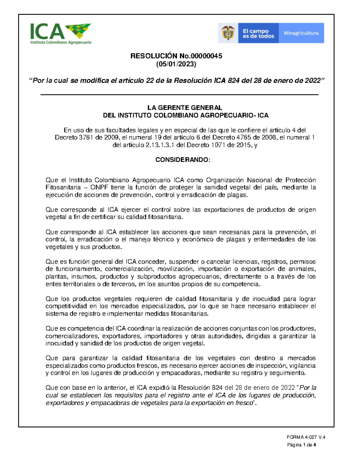 Resolucion 00000045 del 05 de enero 2023 - FORMA 4- 027 V. º (05/01 ...