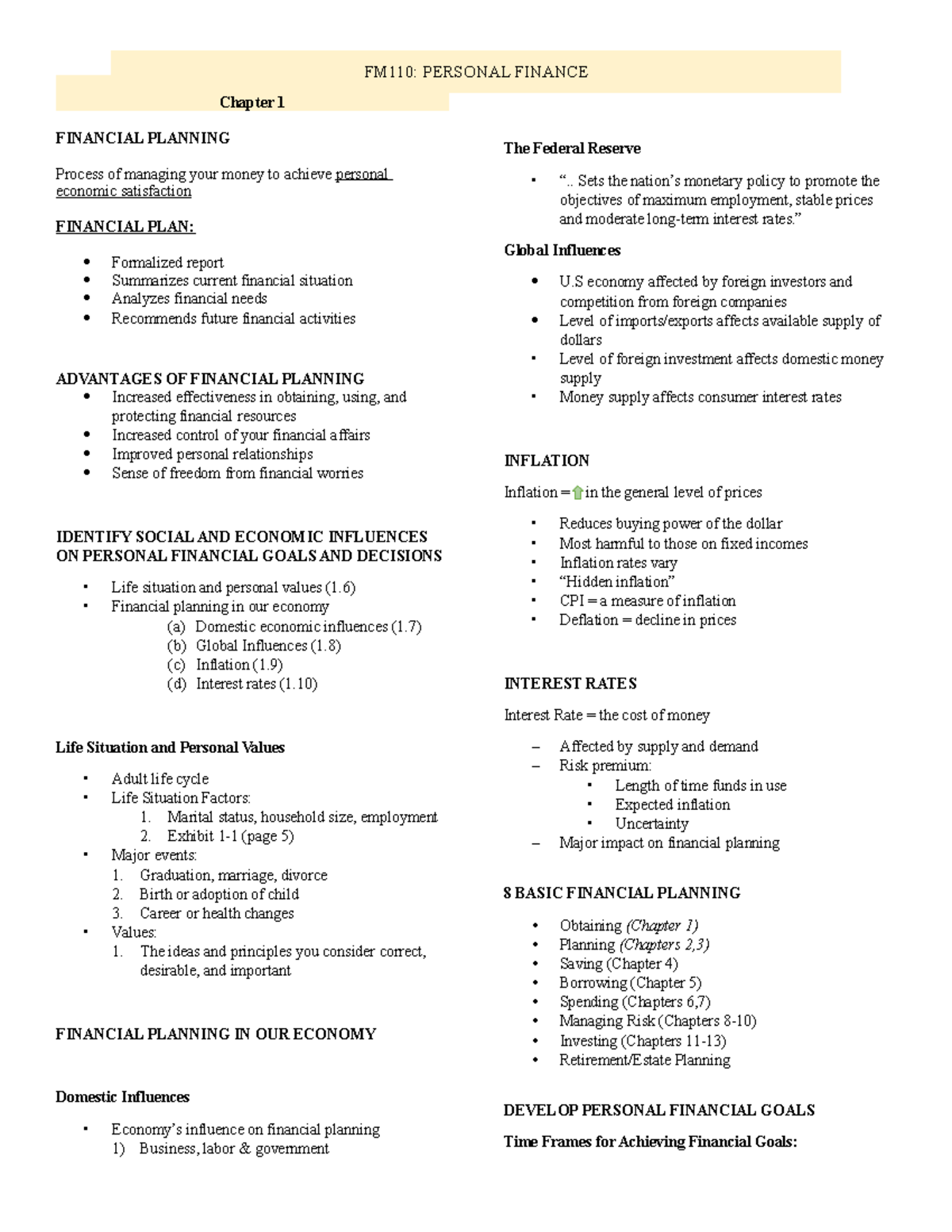 FM110- Personal Finance Notes - Chapter 1 FINANCIAL PLANNING Process of ...