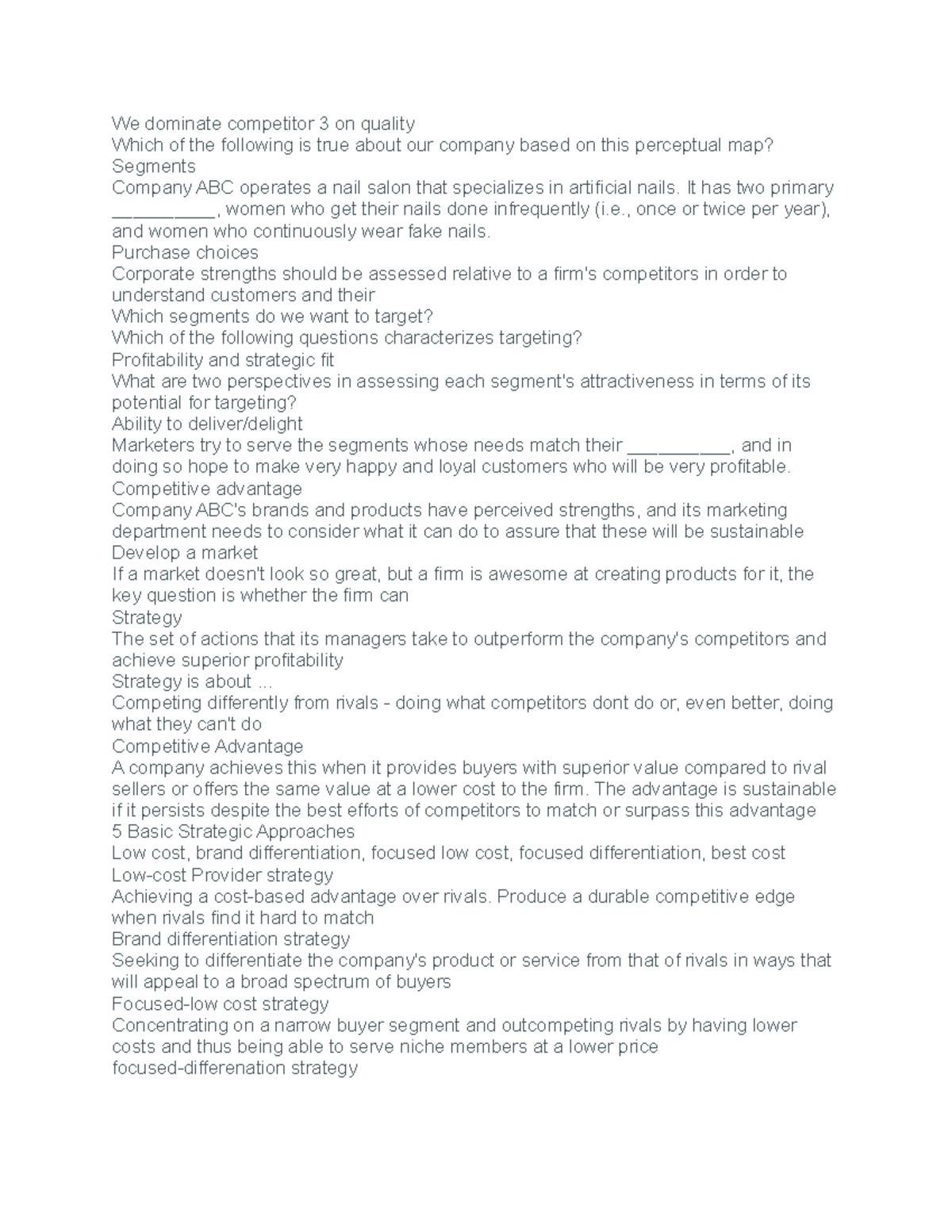 Chapter 6 Quiz - vocabulary quiz - We dominate competitor 3 on quality ...