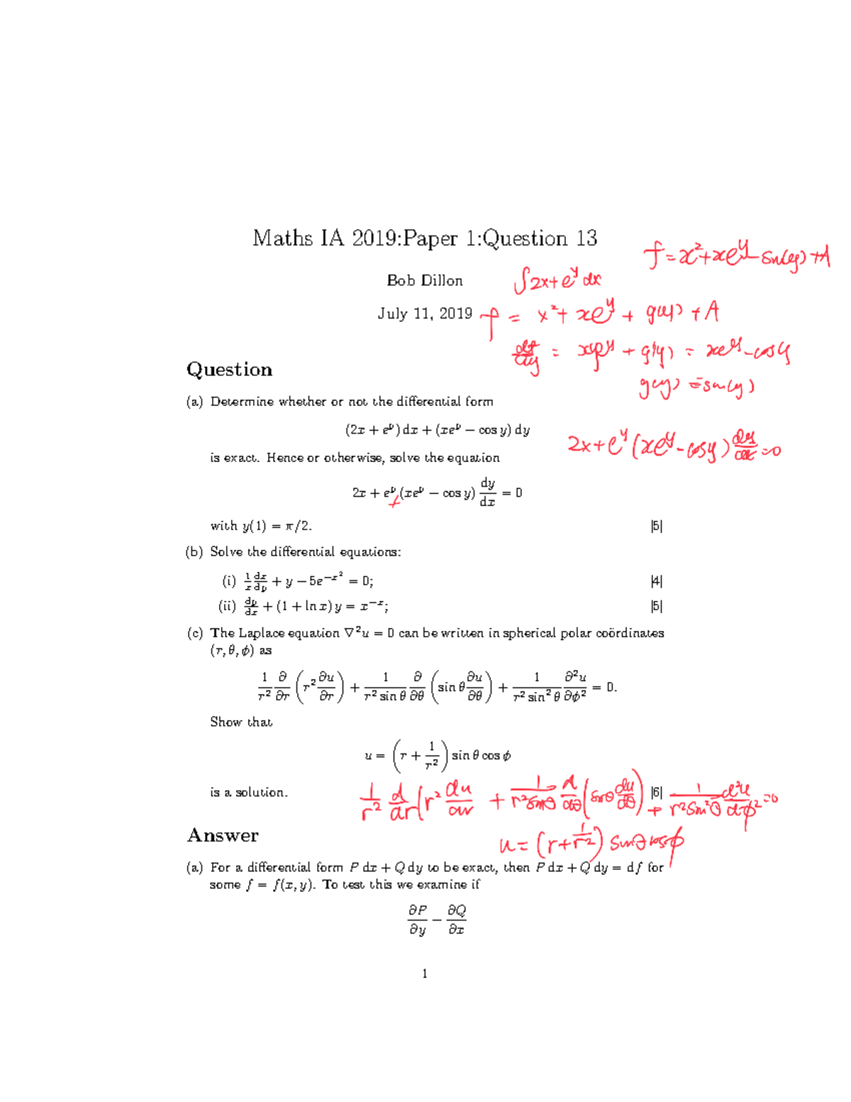 1A maths 2019 P1 Q13(Exact Differential) - Maths IA 2019:Paper 1 ...