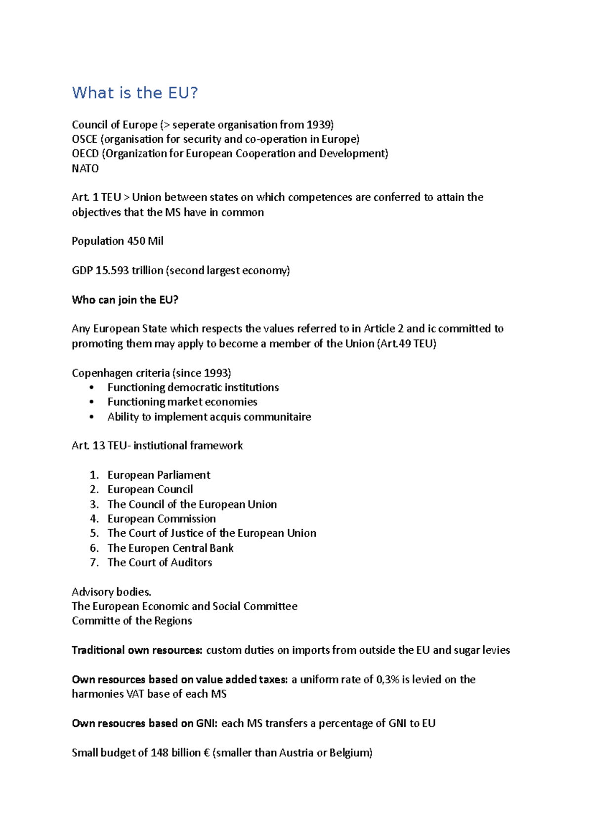 What ist the EU - Lecture notes 1 - What is the EU? Council of Europe ...