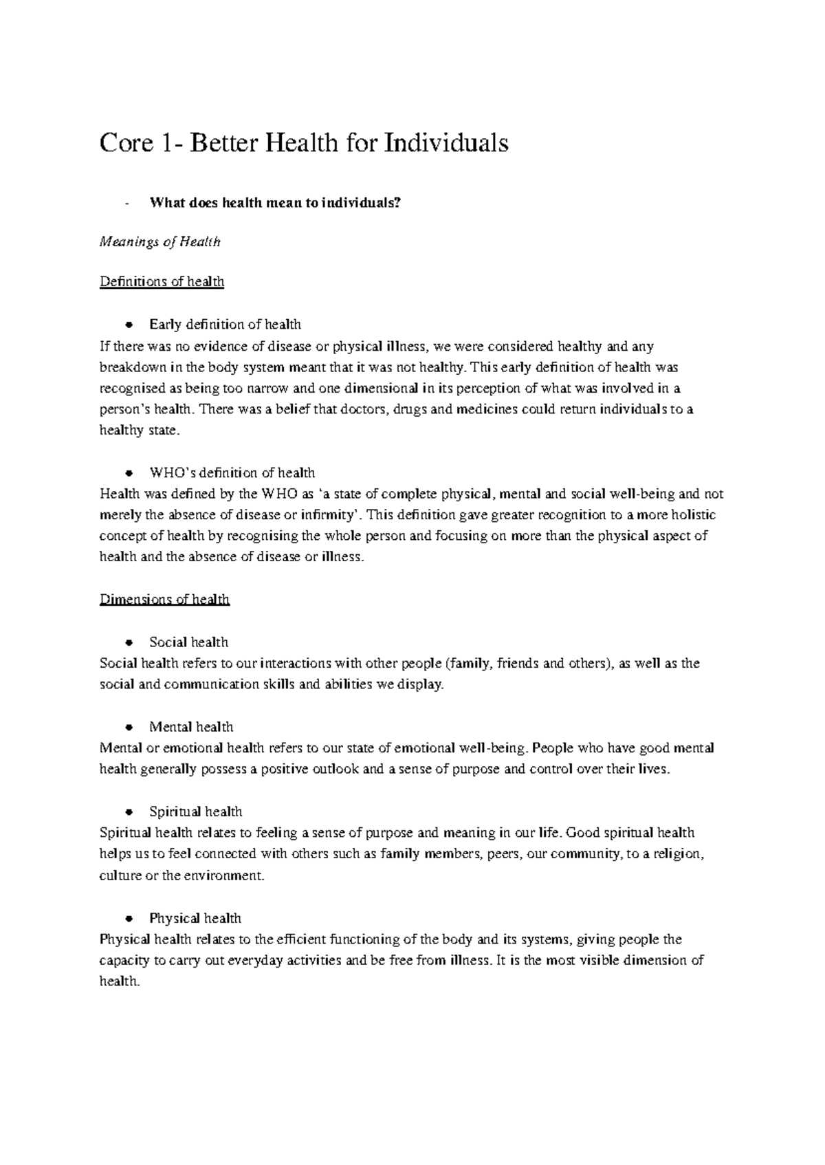 CORE 1 - notes - Core 1- Better Health for Individuals What does health ...