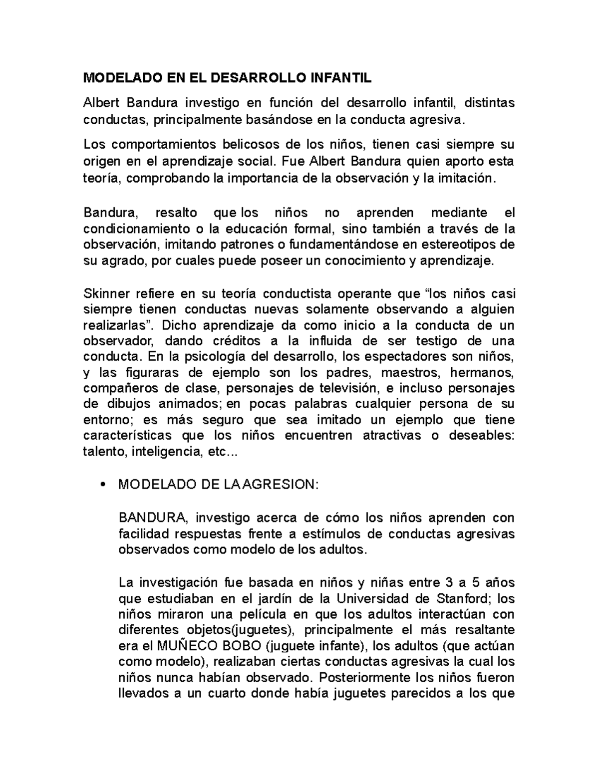 Bandura - PSICOLOGIA DEL APRENDIZAJE - MODELADO EN EL DESARROLLO ...