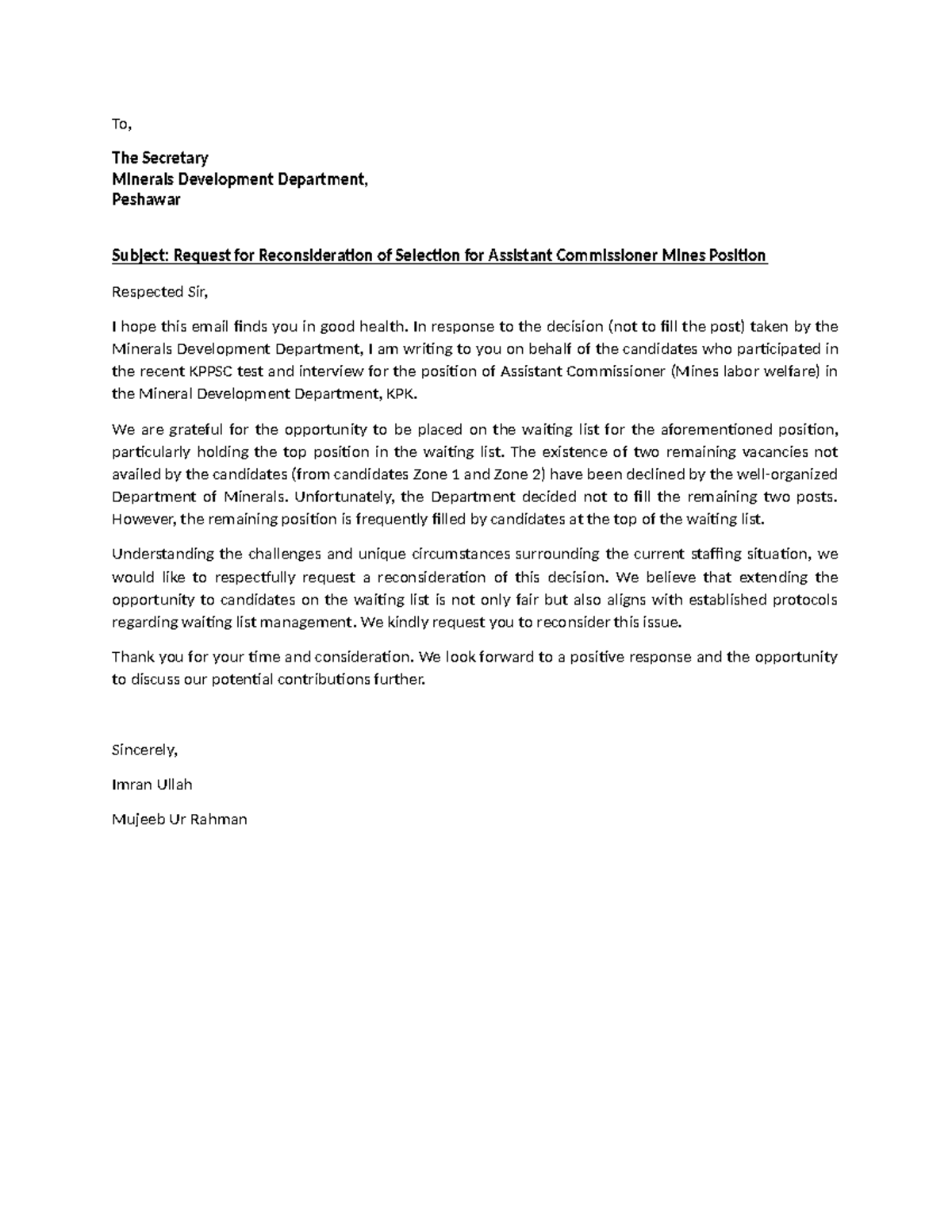 Application to secretary - To, The Secretary Minerals Development ...