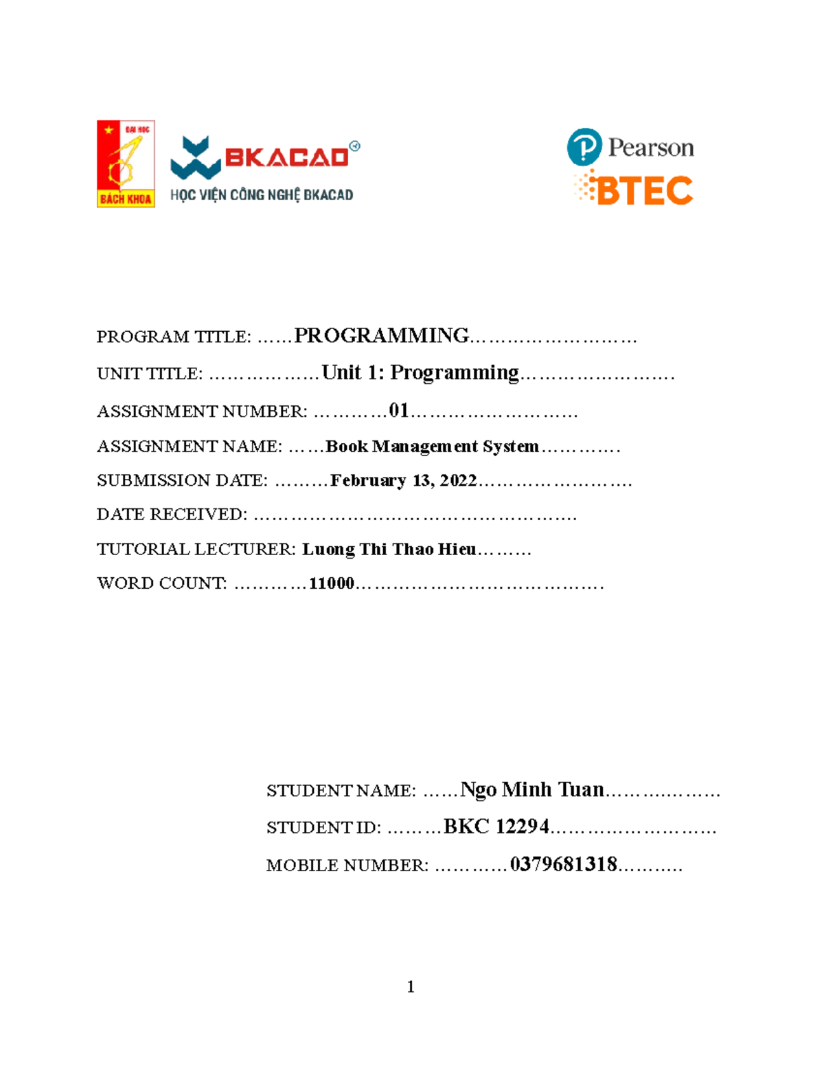 Ngô Minh Tuấn Bkc12294 Programming Asm1 Book Management Lần 2 Program Title 