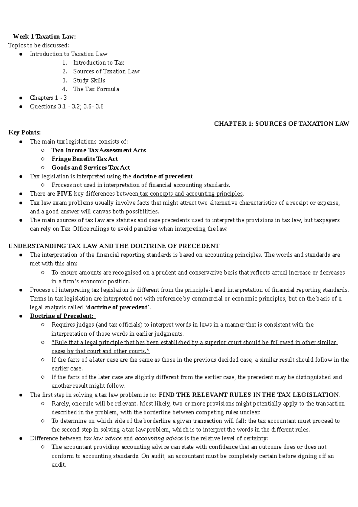 TL WK 1 Notes - Week 1 Taxation Law: Topics to be discussed ...