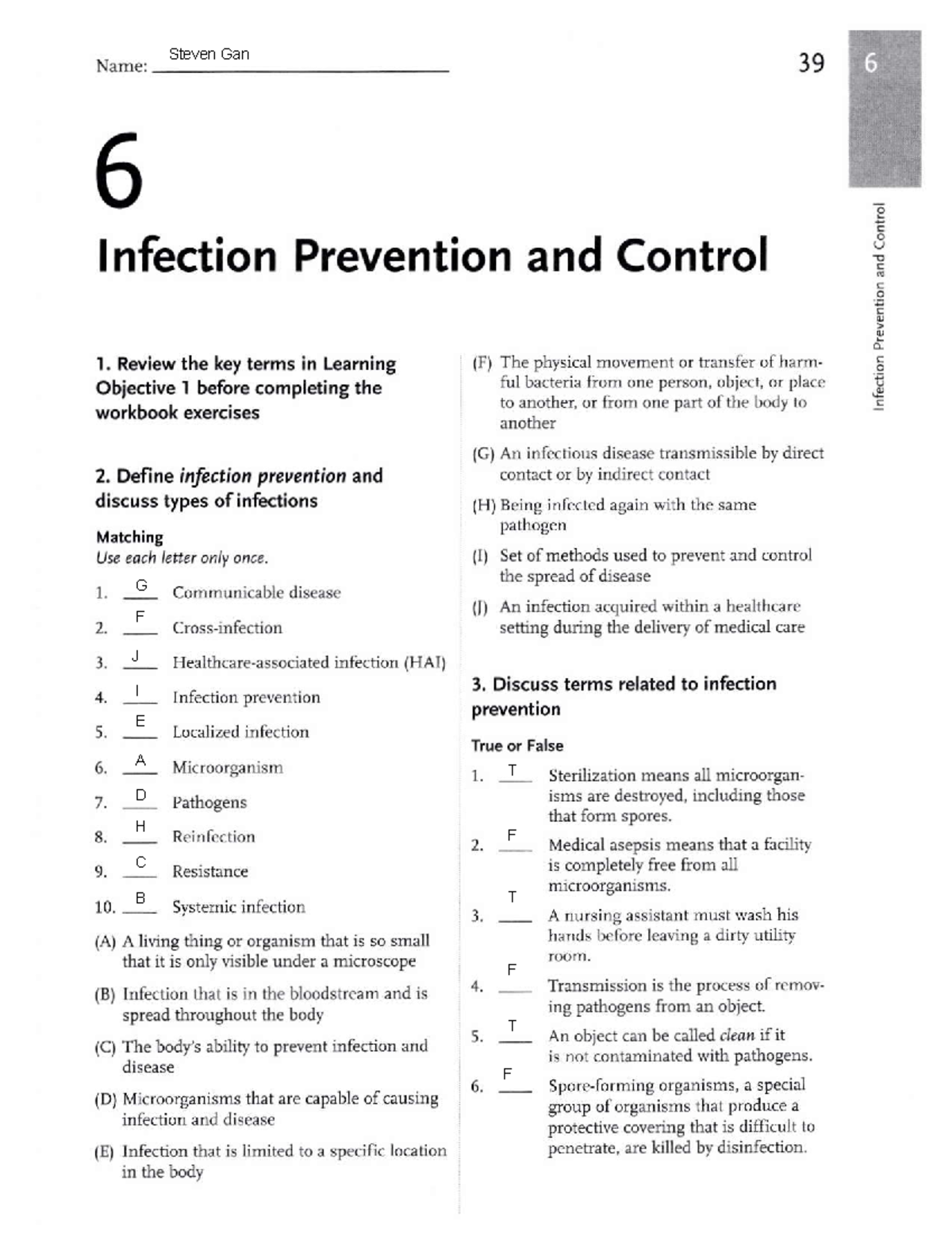 Work Book Exercises Chapter 6 Pdf 6 Lnfection Prevention And Control