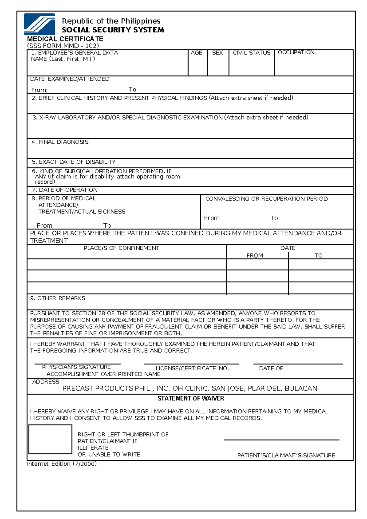 SSS Medical Certificate - Republic of the Philippines SOCIAL SECURITY ...