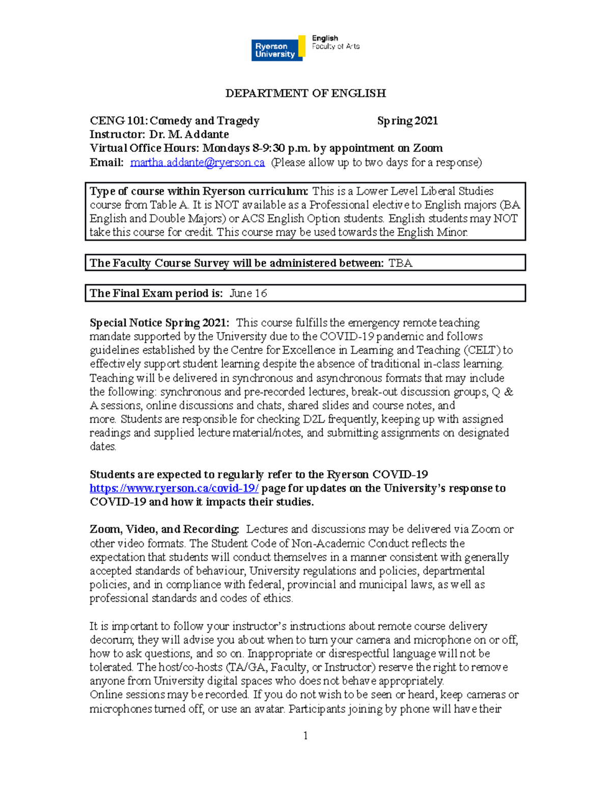 CENG 101 Syllabus (Spring 2021) - DEPARTMENT OF ENGLISH CENG 101:Comedy and Tragedy Spring 2021 ...