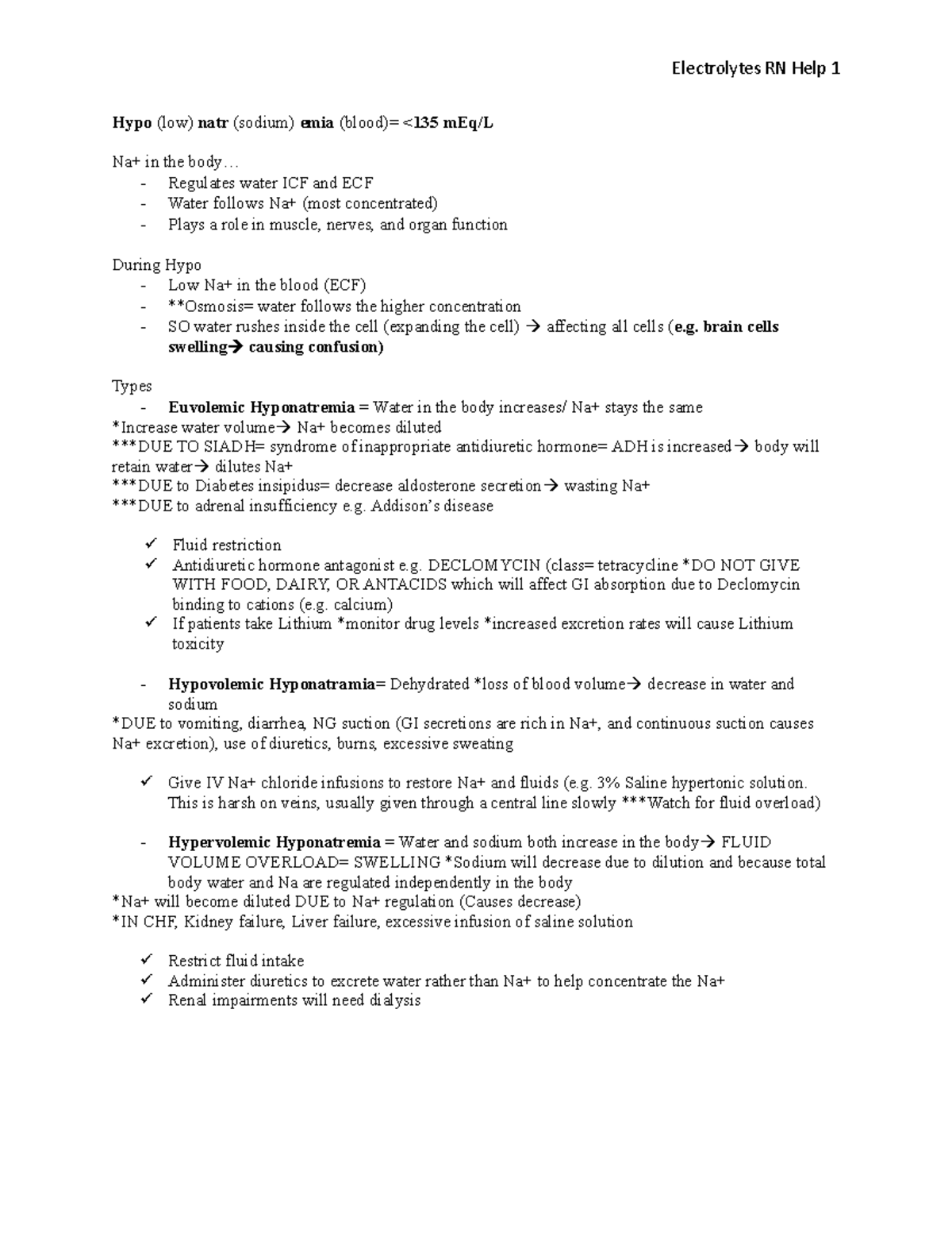 Electrolytes RN Help Unit1 C16 - Hypo (low) natr (sodium) emia (blood)=