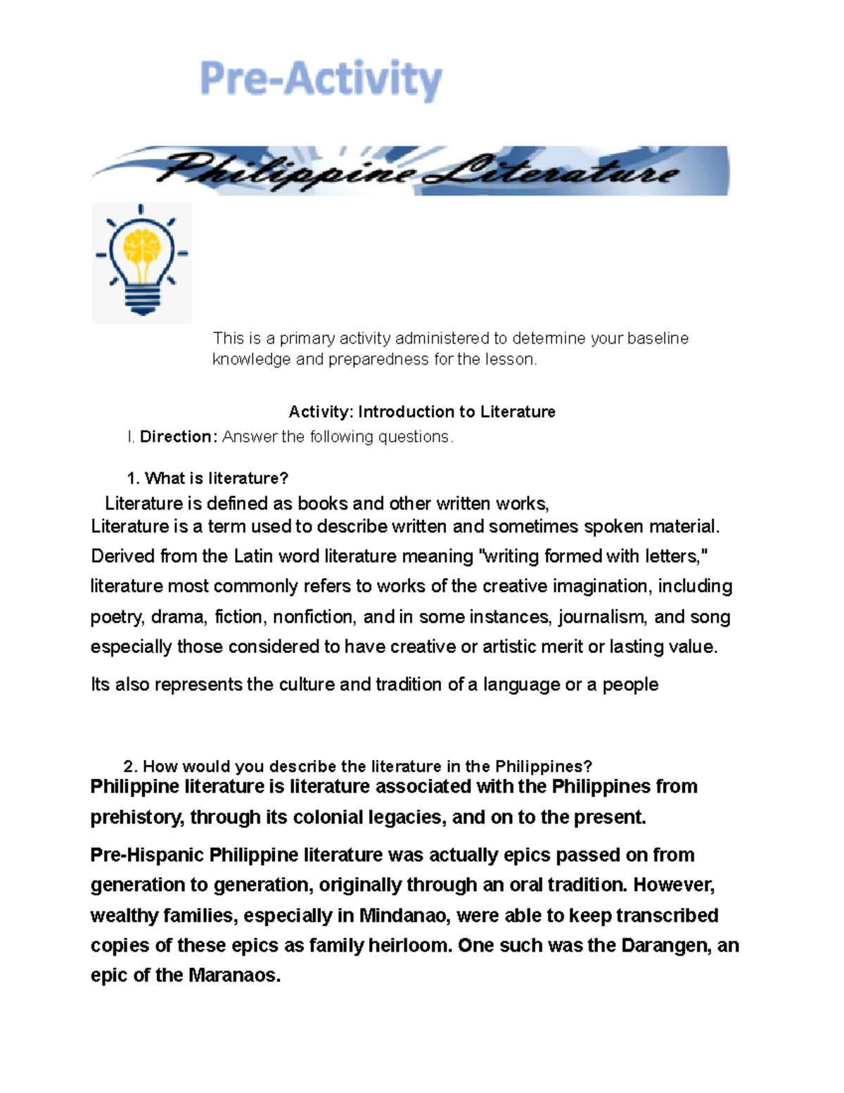 Chapter 1 - Preactivity - Introduction TO Literature Module - This is a ...