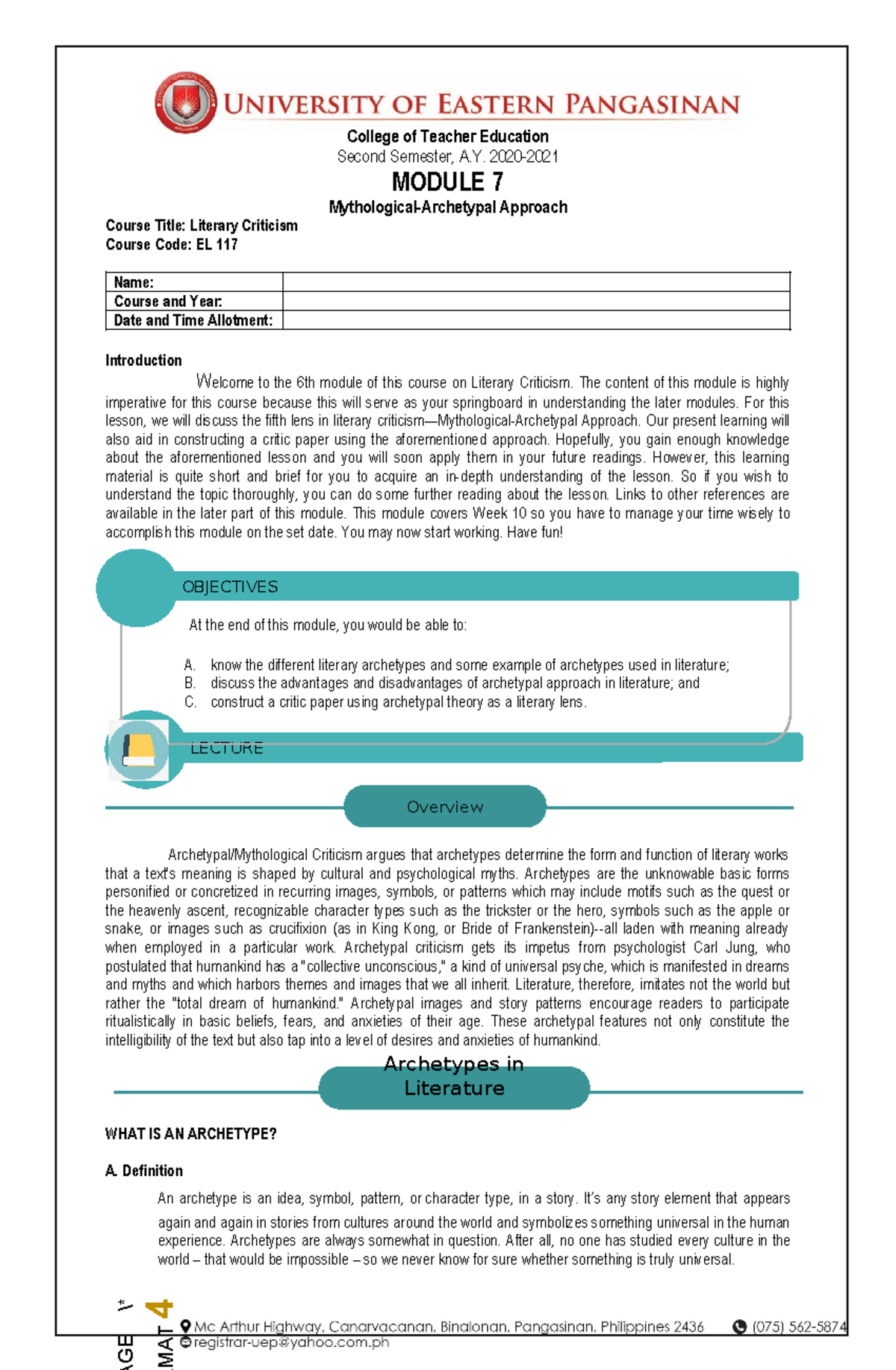 Module 7 - GE * 4 LECTURE OBJECTIVES College of Teacher Education ...