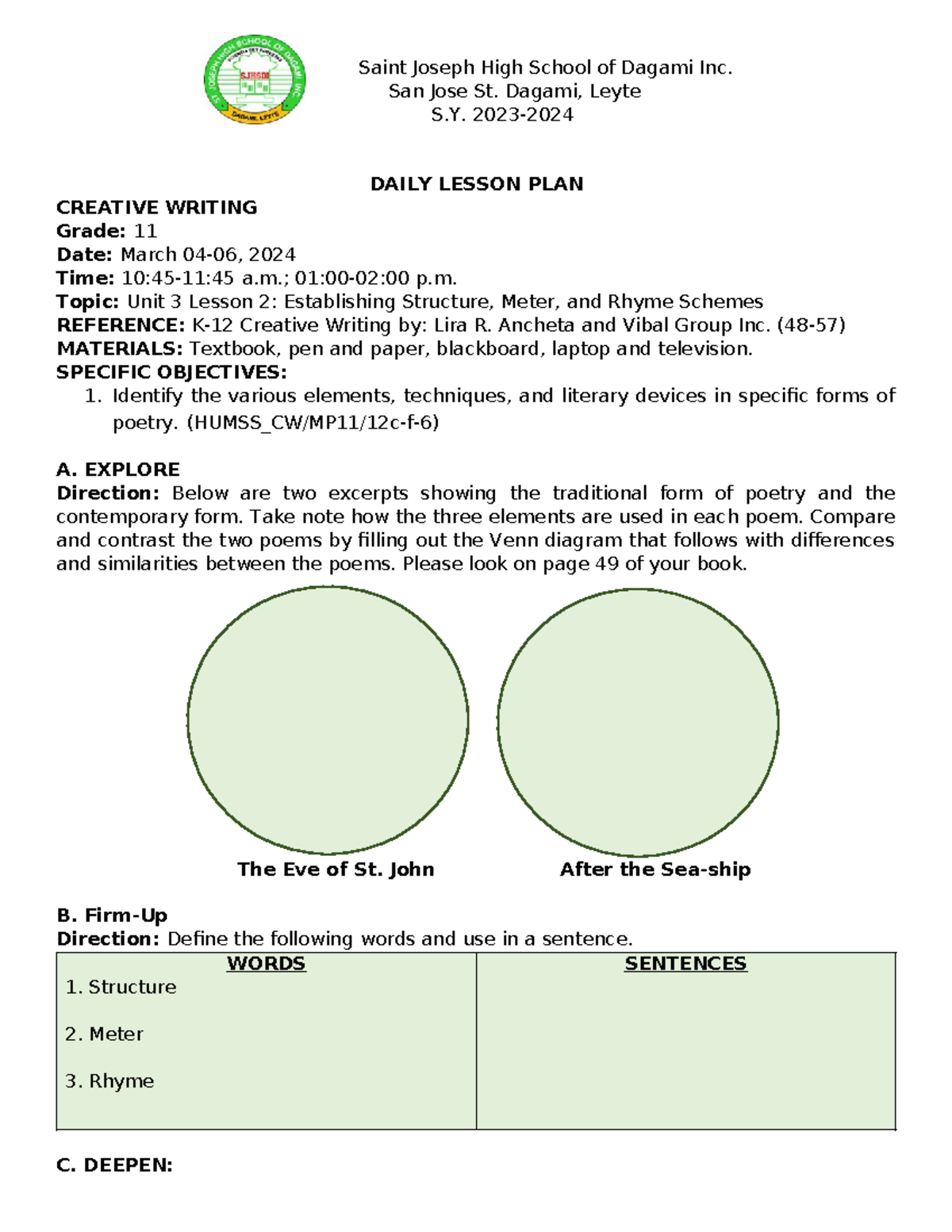 Lesson Plans in Teaching the Subject - Saint Joseph High School of ...