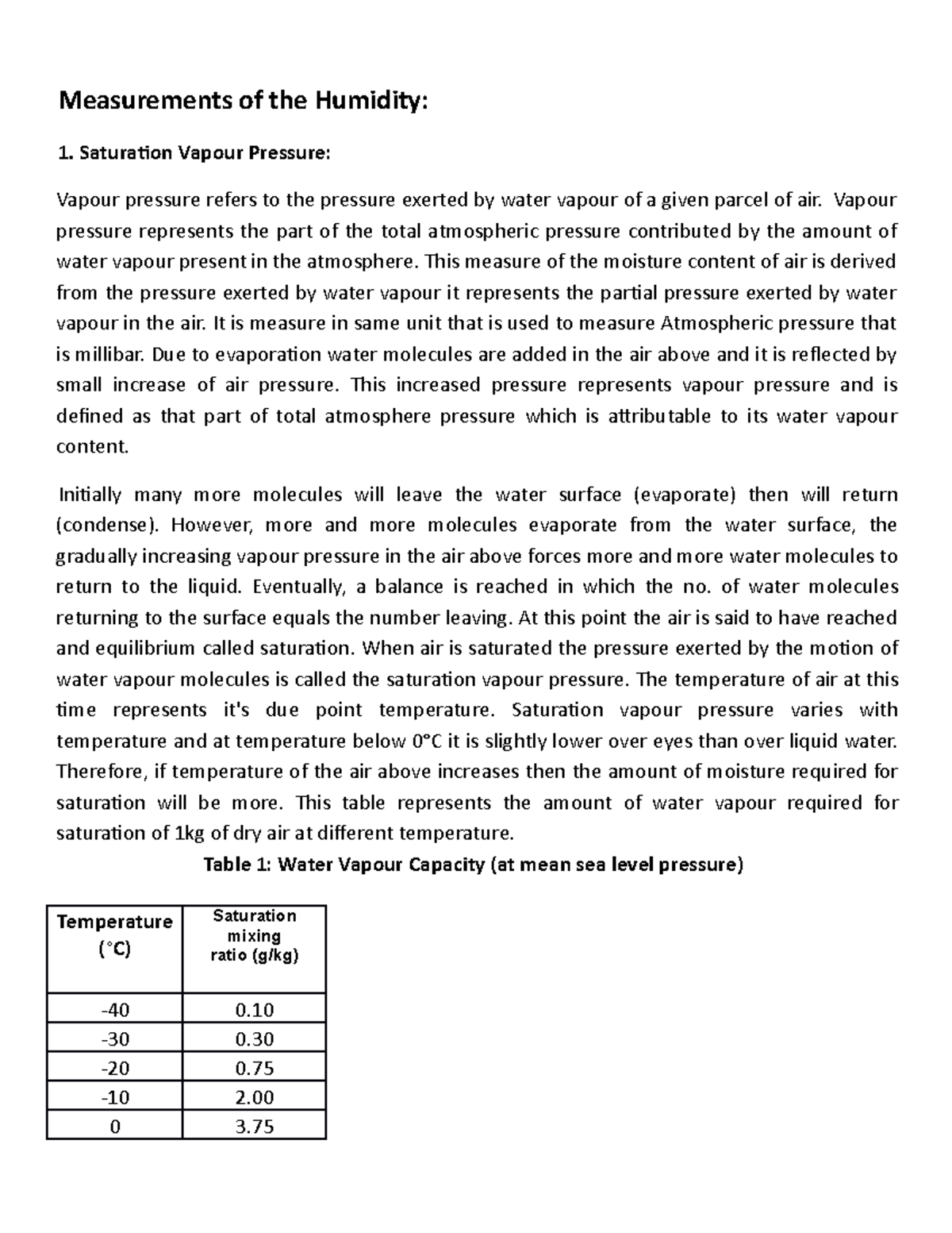 Humidity lecture notes it is - Measurements of the Humidity: 1 ...