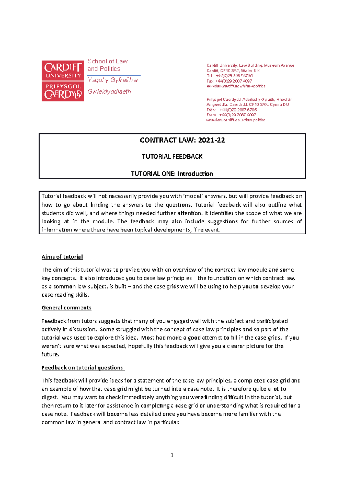 Introduction to Contract Tutorial 1 - CL4301 - Cardiff - Studocu