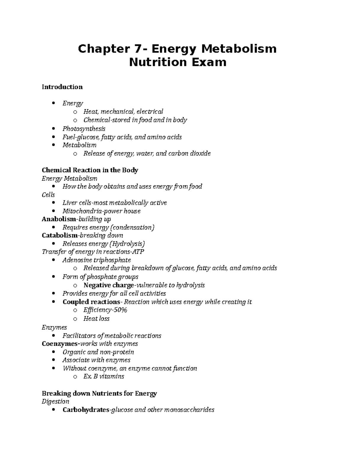 Chapter 7-metabolism - Lecture notes - Chapter 7- Energy Metabolism ...