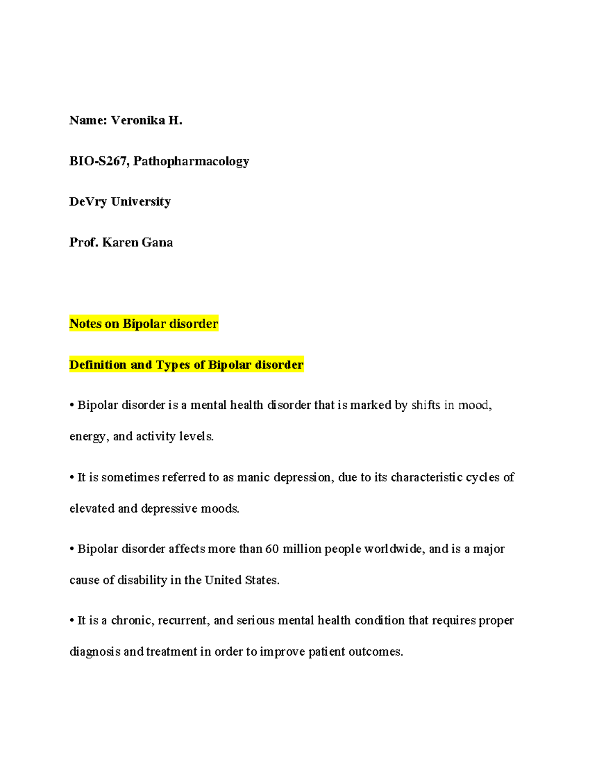 Bipolar disorder Notes - Namе: Vеronika H. BIO-S267, Pathopharmacology ...