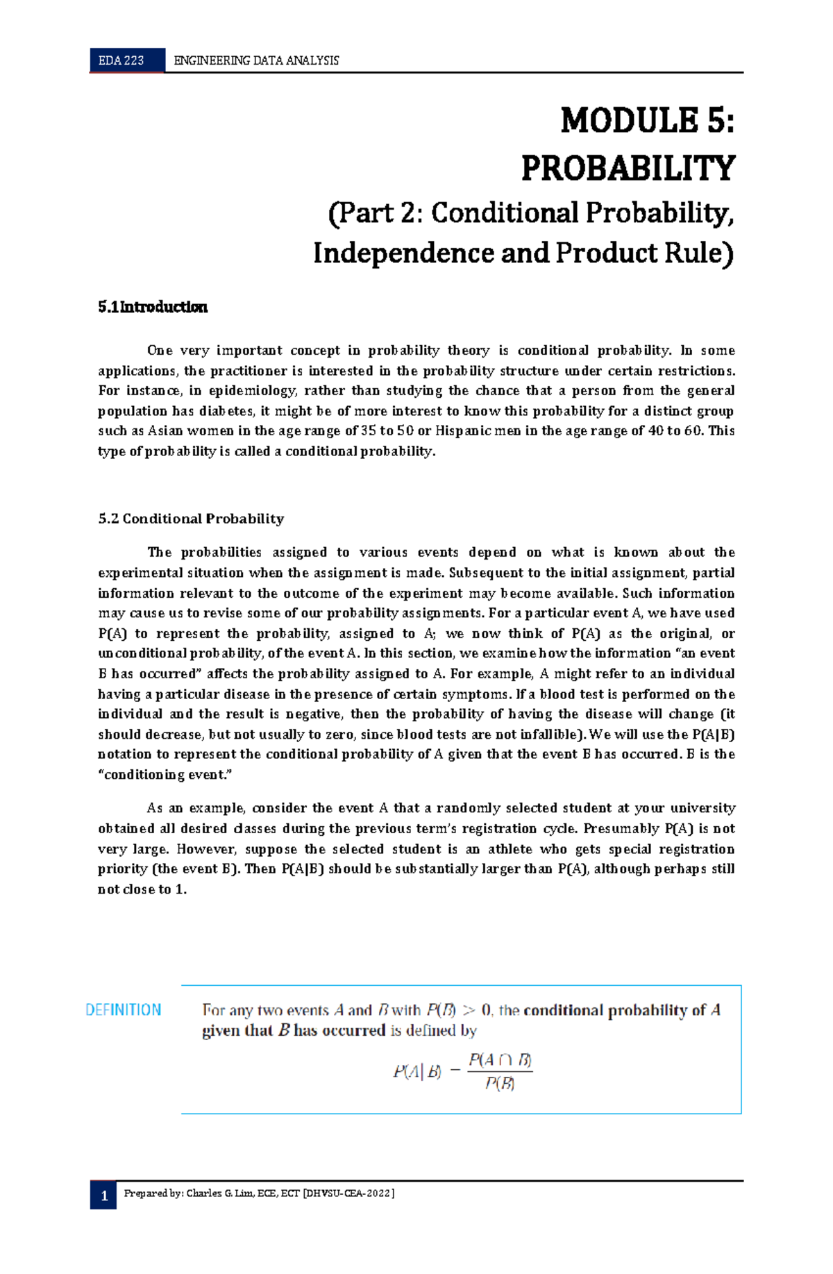 EDA Module 5 Probability Part 2 - MODULE 5 : PROBABILITY (Part 2: Conditional Probability, - Studocu