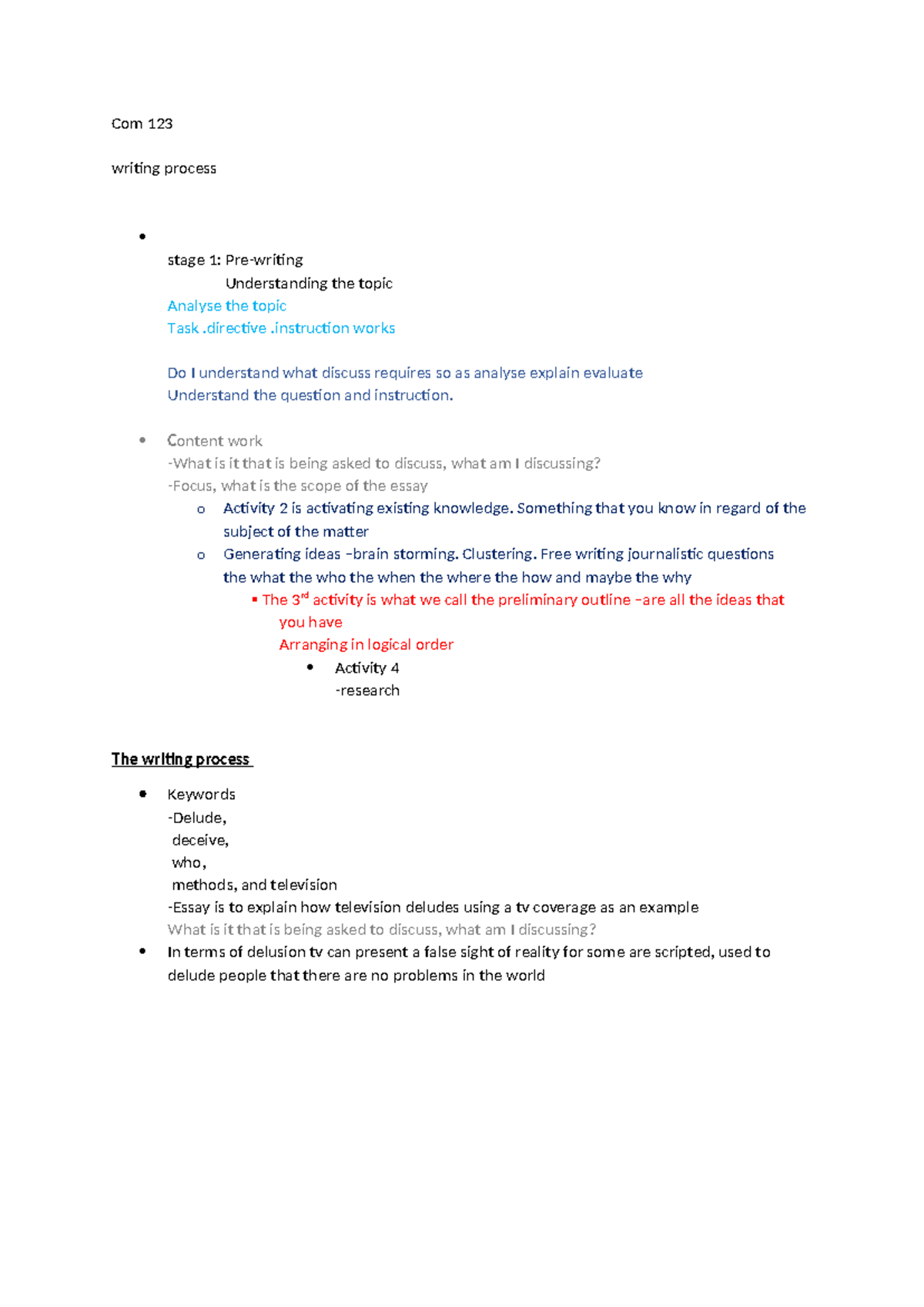 Com notes - Com 123 writing process stage 1: Pre-writing Understanding ...