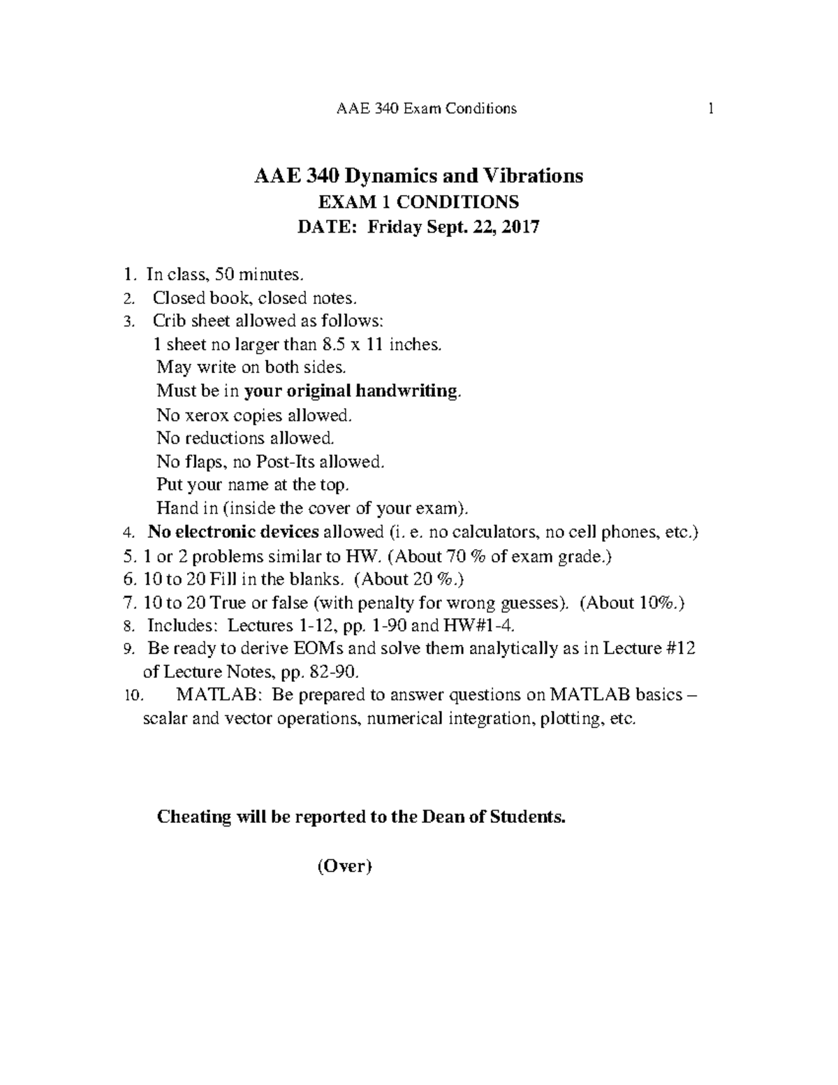Aae340-exam1-conditions - AAE 340 Exam Conditions 1 AAE 340 Dynamics and Vibrations EXAM 1 - Studocu