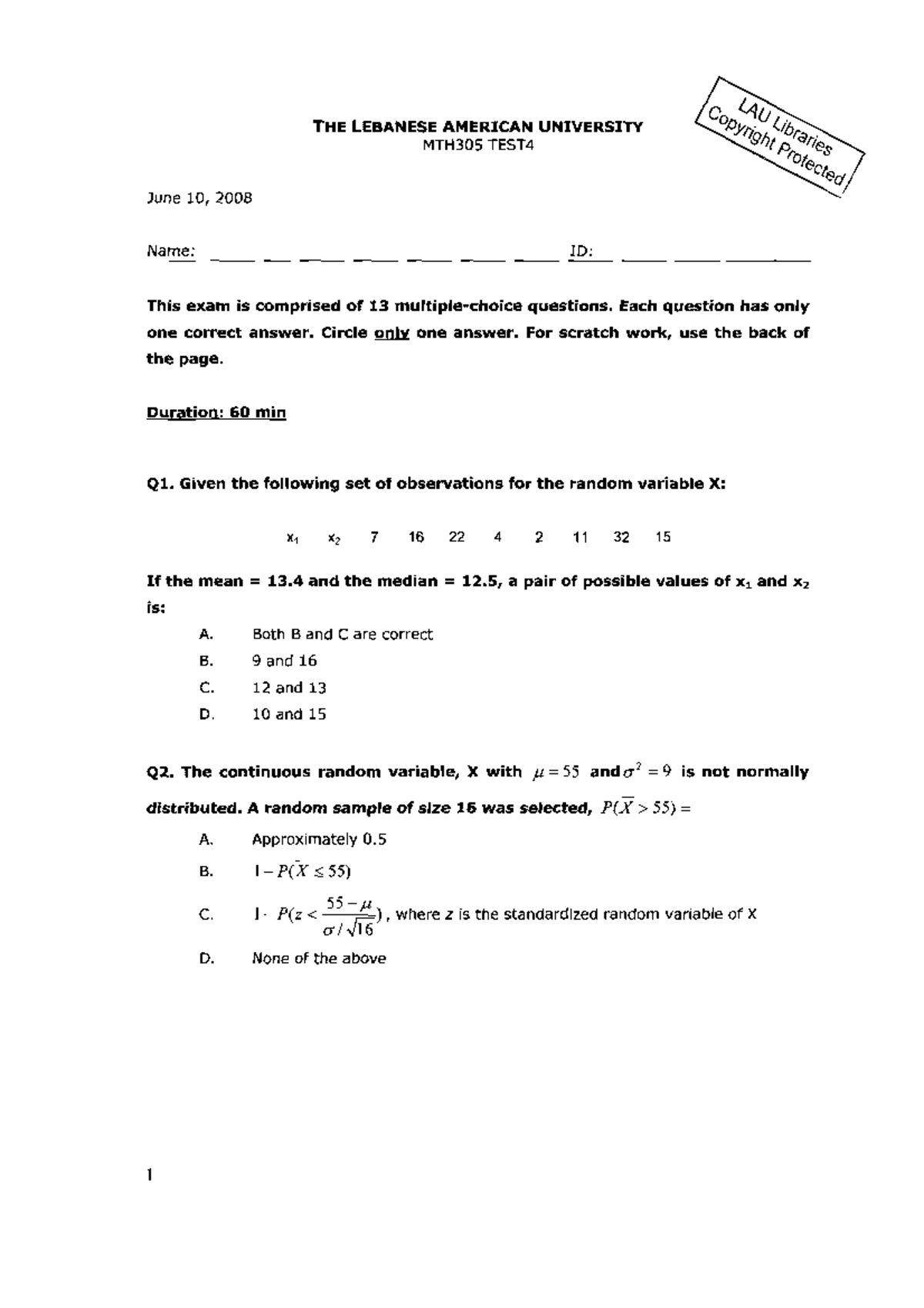 Exam 4 - F2008 - Samer Abou Ghanem - Probability and Statistics - Studocu