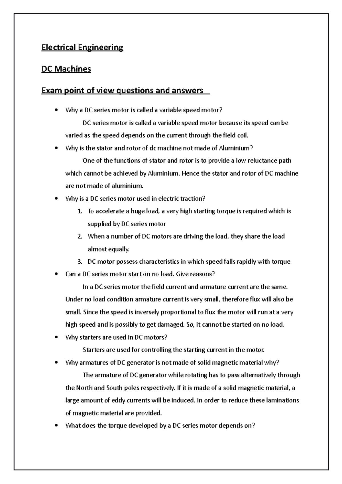Exam model questions on DC machines - Electrical Engineering DC ...