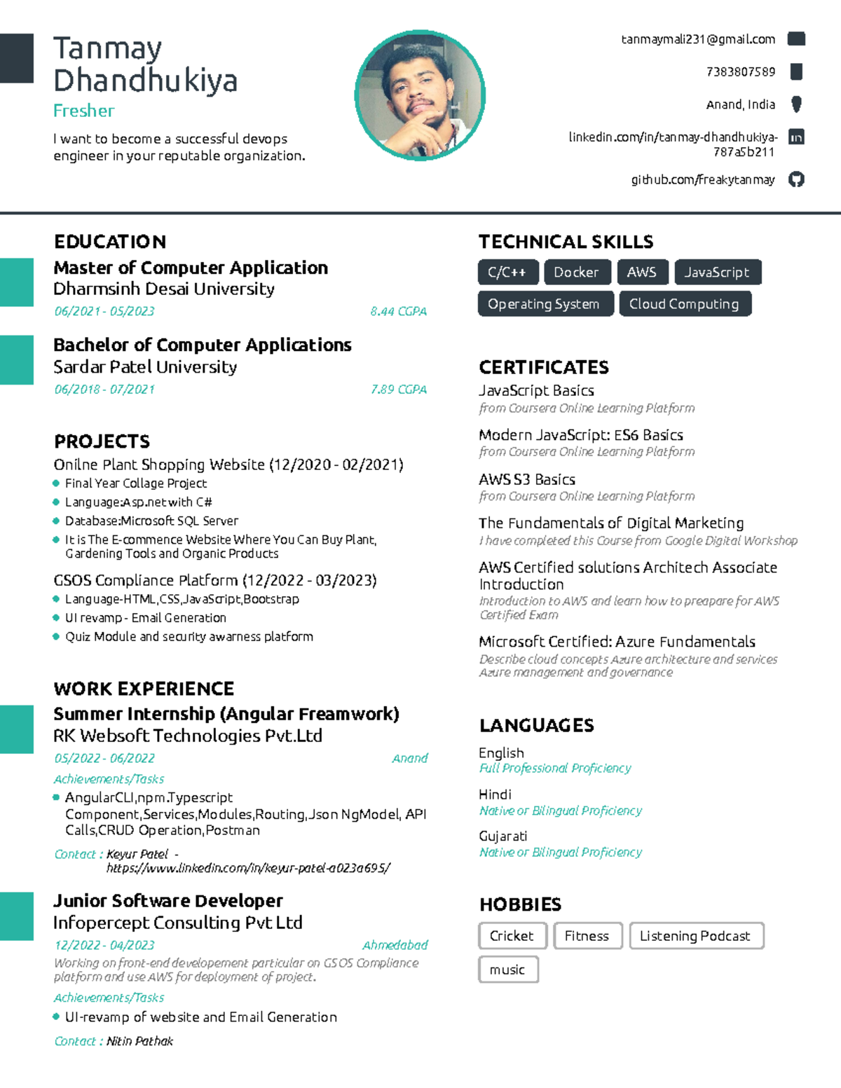 Tanmay's Resume - wdwef - Tanmay Dhandhukiya Fresher I want to become a ...