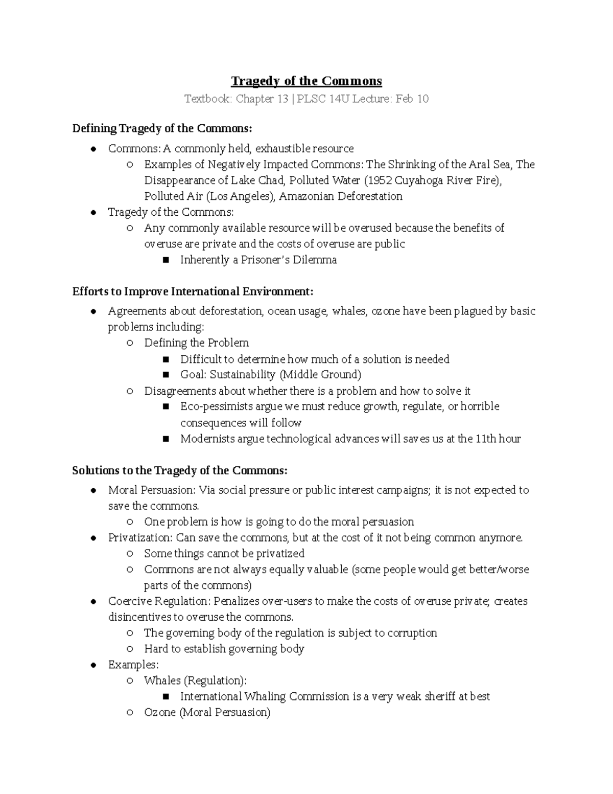Tragedy of the Commons Notes - Tragedy of the Commons Textbook: Chapter ...