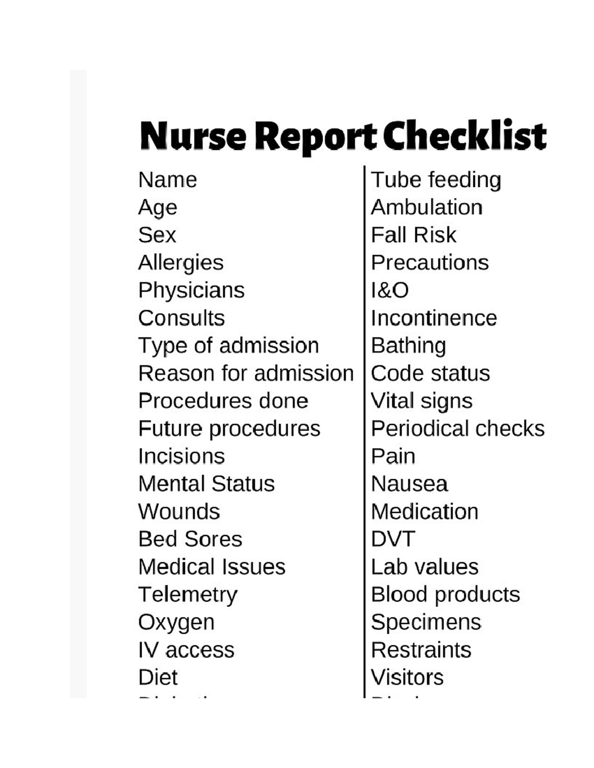 nursing check list. very helpful in clinical - Nurse Report Checklist ...