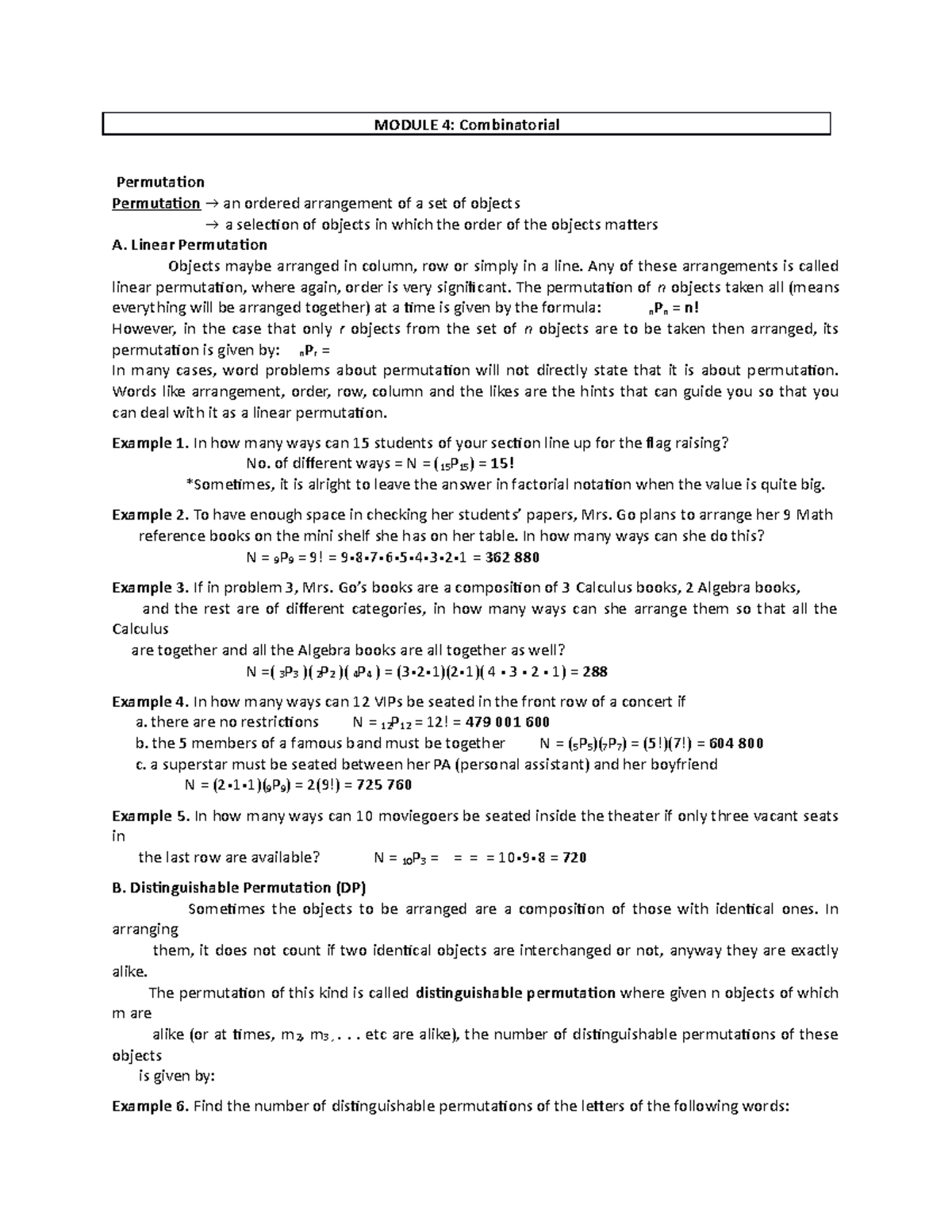 Module 4 Combinatorial Module 4 Combinatorial Permutation 7620