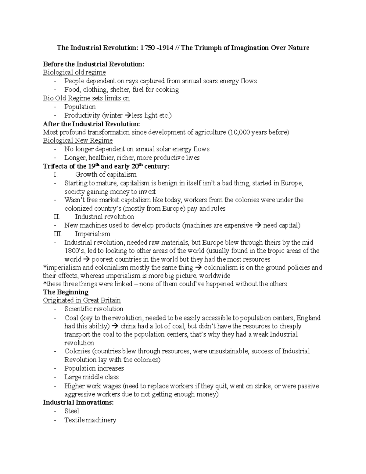 Hist 223 Class Week 2 - Lecture notes Week 2 - The Industrial ...