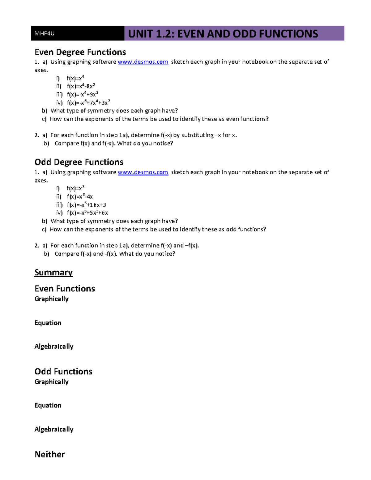 1.2 Even and Odd Functions Investigation & Practice - MHF4U UNIT 1. 2 ...