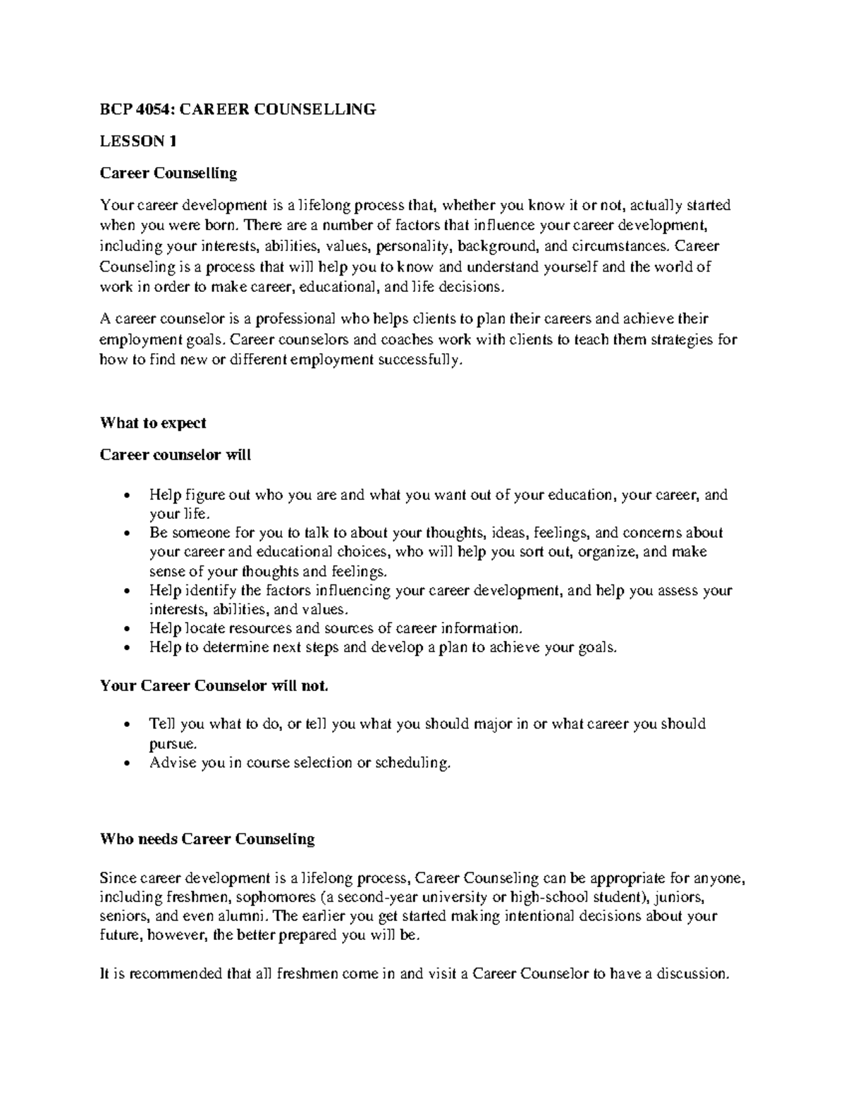 Lesson 1 Career Counseling - BCP 4054: CAREER COUNSELLING LESSON 1 ...