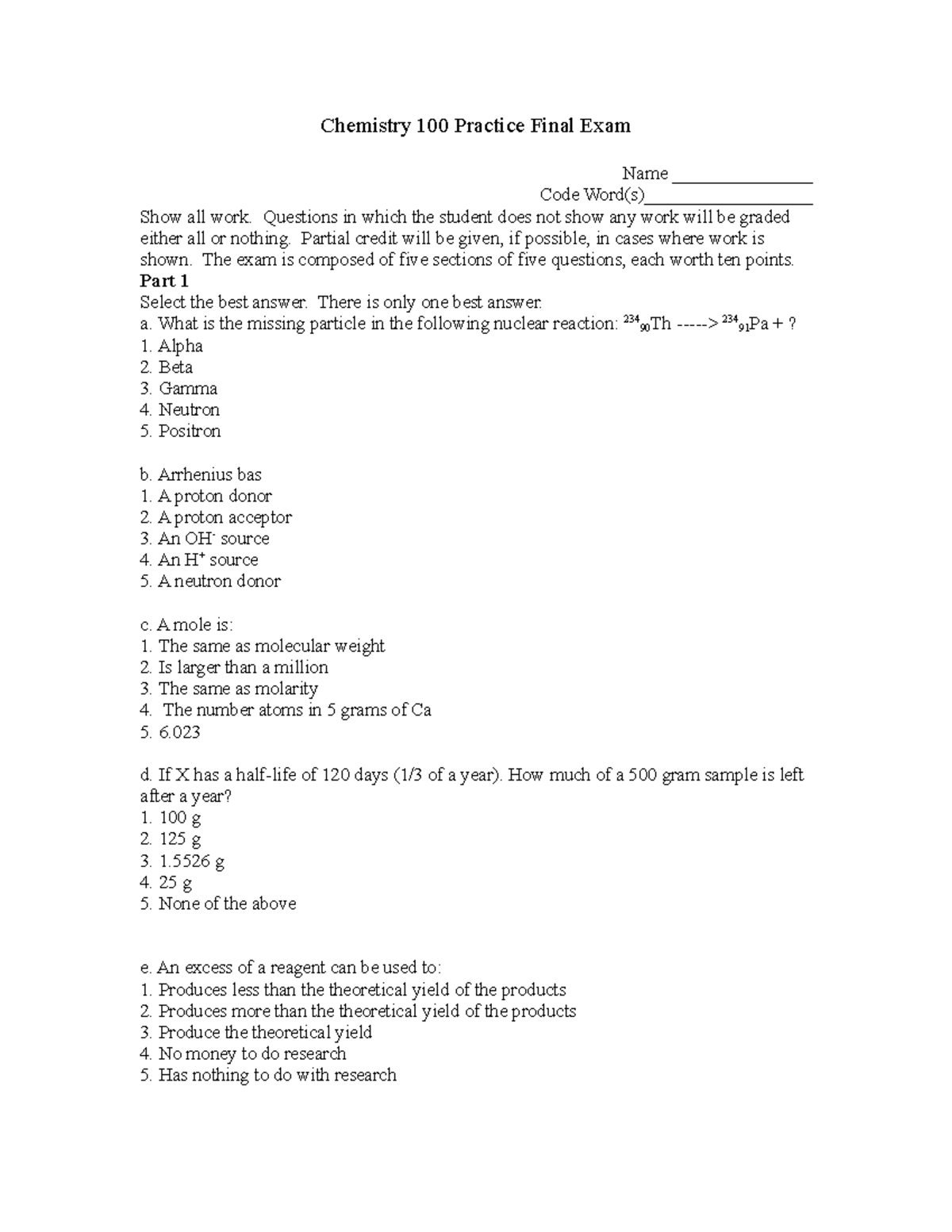 Chemistry 100 Practice Final Exam answers 1 - Chemistry 100 Practice ...