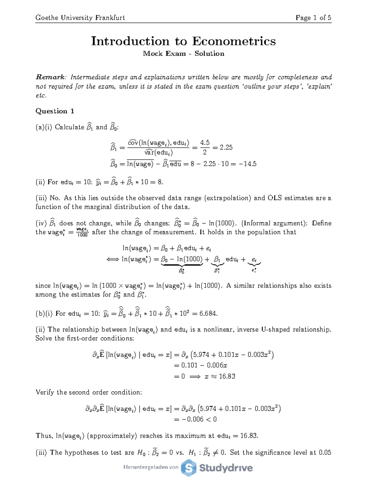 EOEK Mock Exam - Solution - SS23 - Introduction to Econometrics Mock Exam - Solution Remark ...