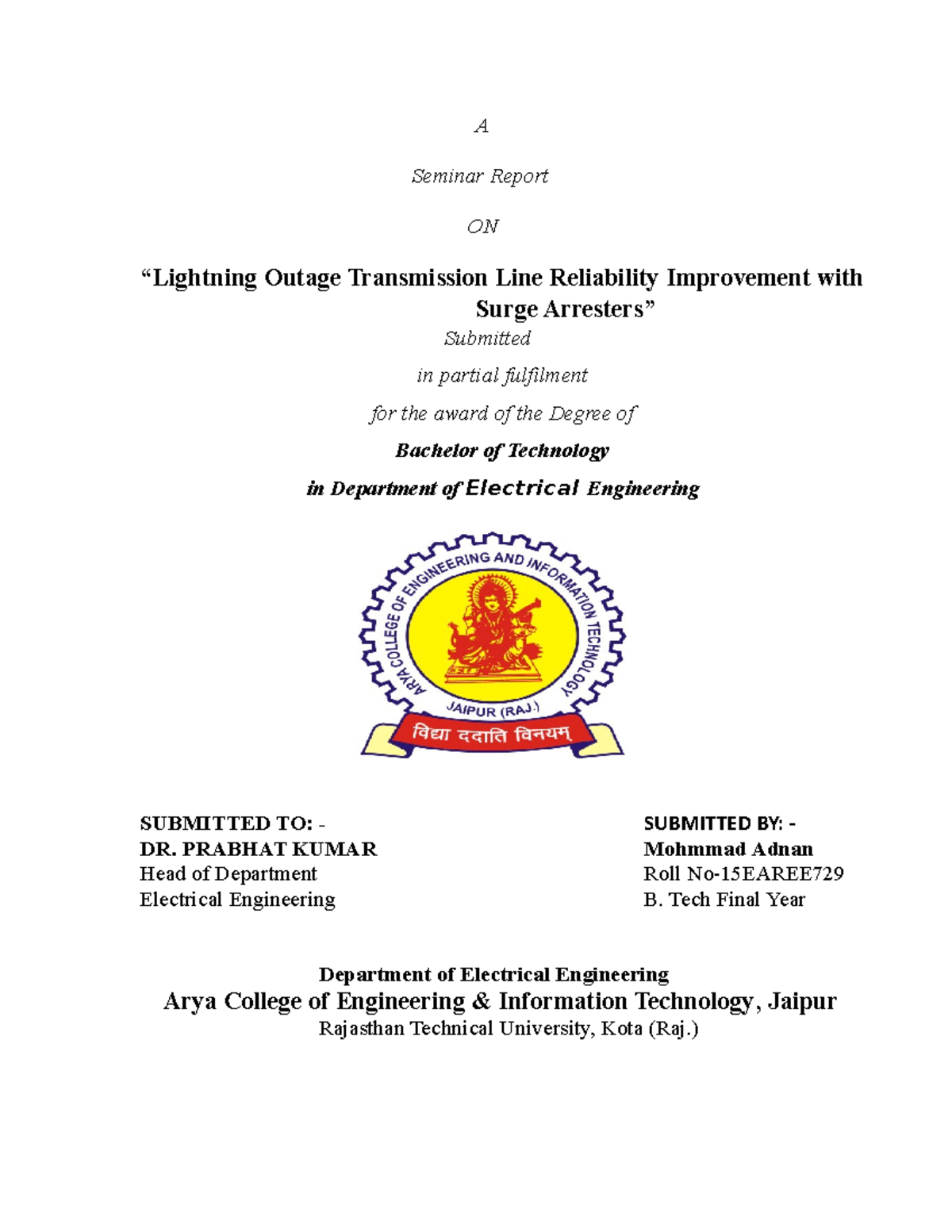 Front - cct file - A Seminar Report ON “Lightning Outage Transmission ...