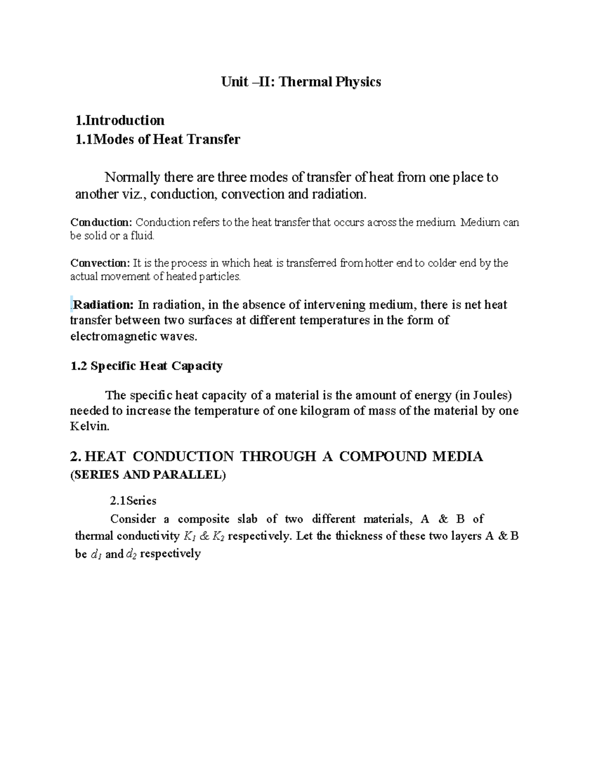 Unit 2 Thermal Physics Notes - Unit –II: Thermal Physics 1 1 of Heat ...