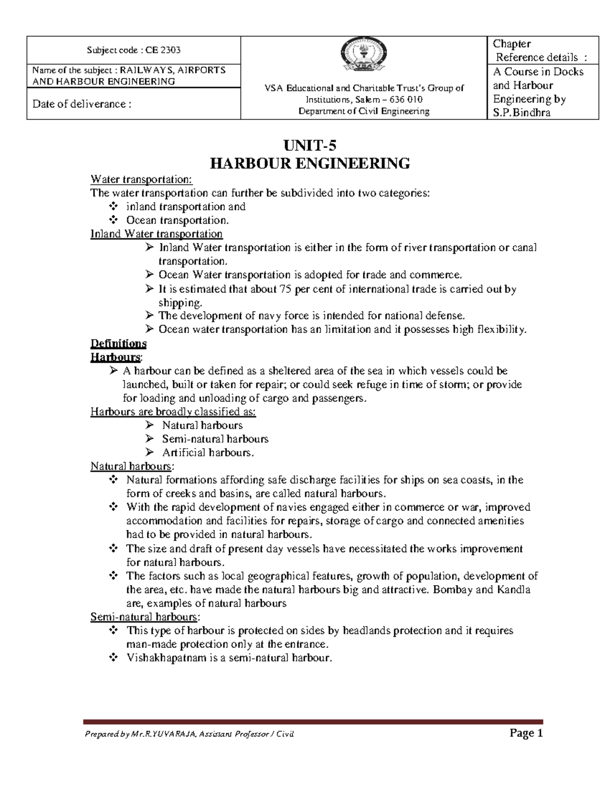 Harbour engg notes - Detailed information of harbor engineering ...