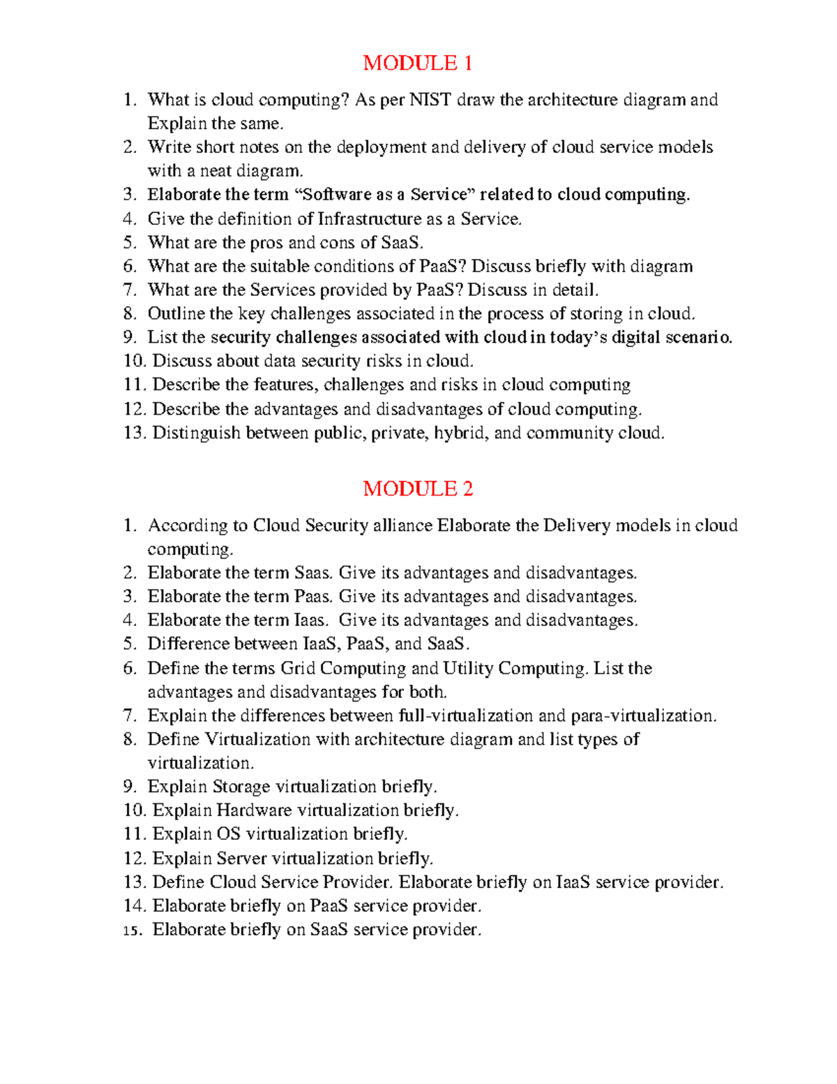 Question bank for Cloud Computing - MODULE 1 What is cloud computing ...