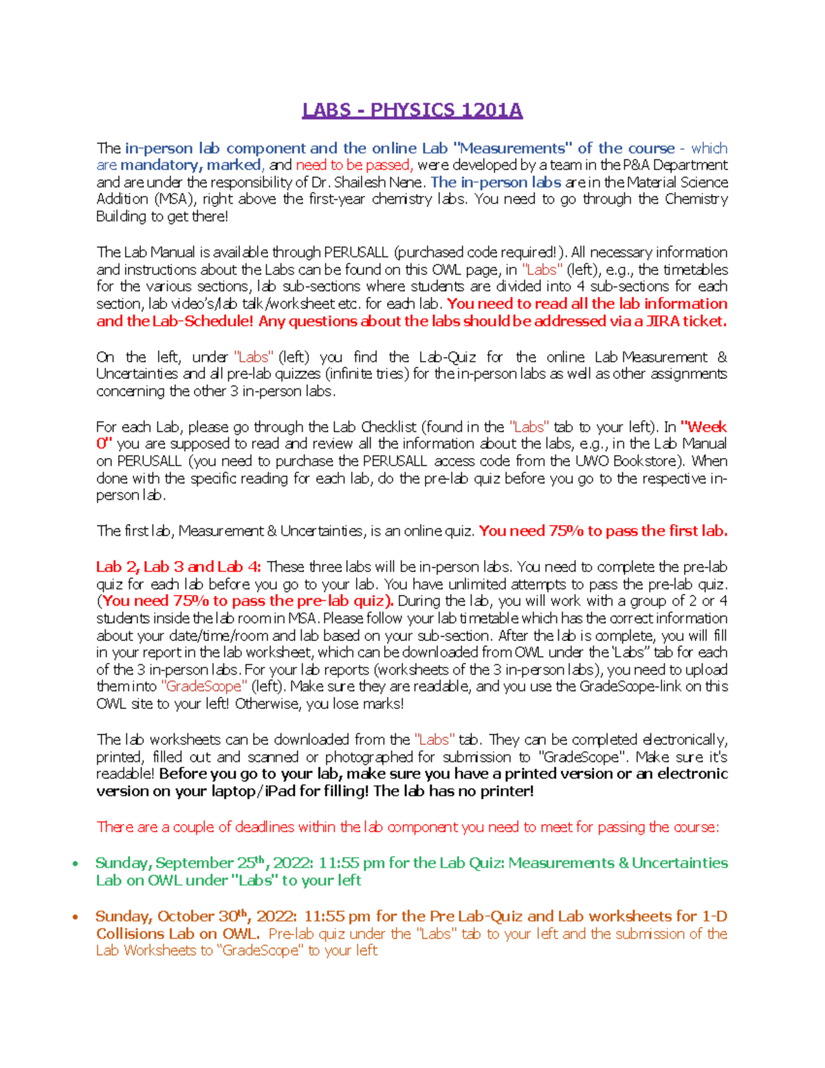 Labs info - Summary Introduction to Physics 1 - LABS - PHYSICS 1201A ...