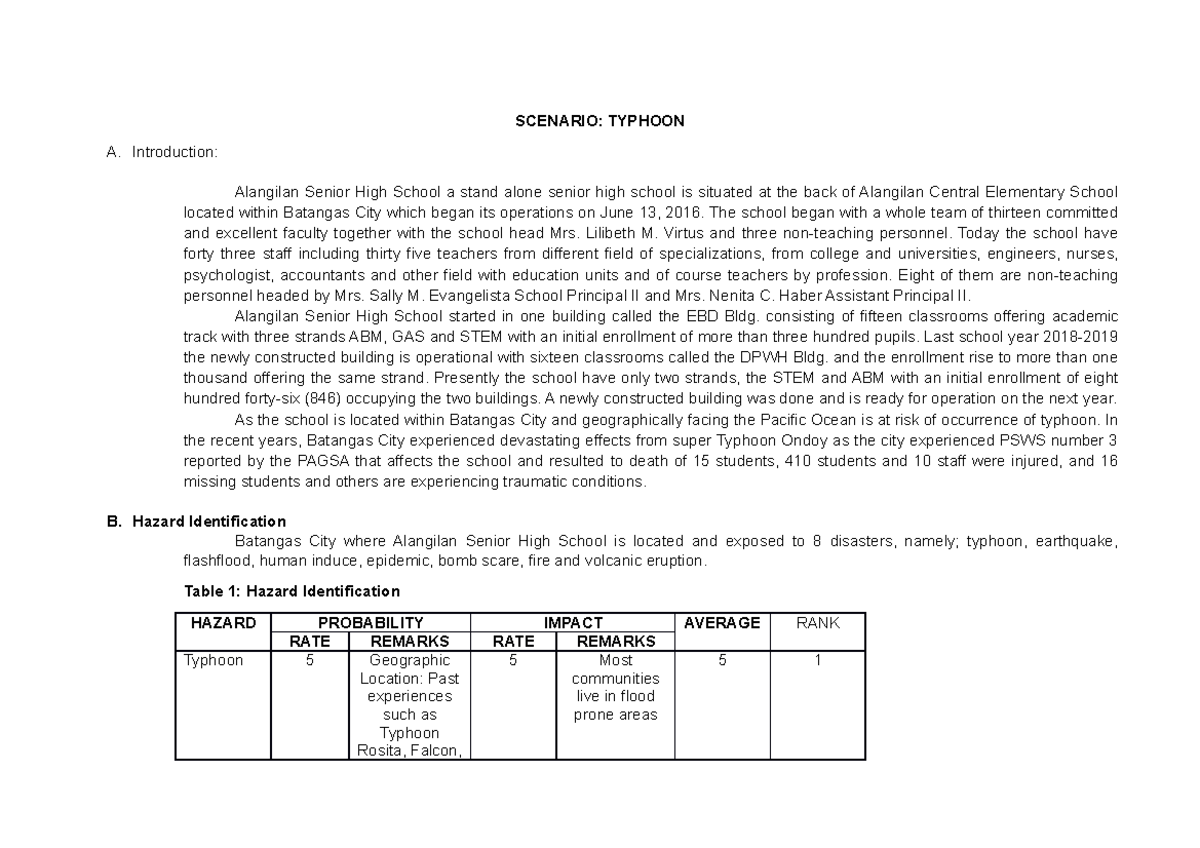 CP typhoon district III - SCENARIO: TYPHOON A. Introduction: Alangilan Senior High School a ...