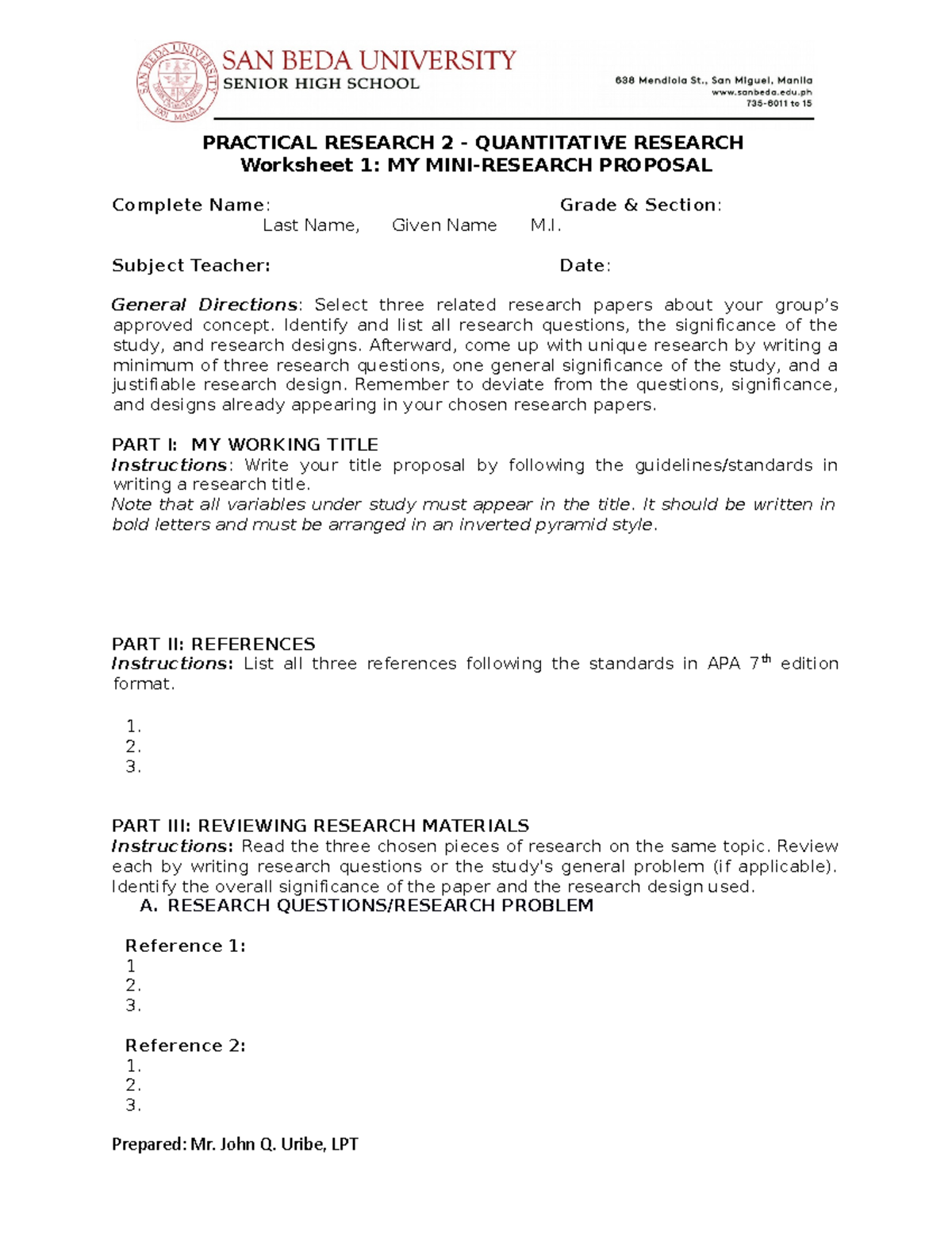 PR 2 Worksheet No - PRACTICAL RESEARCH 2 - QUANTITATIVE RESEARCH ...