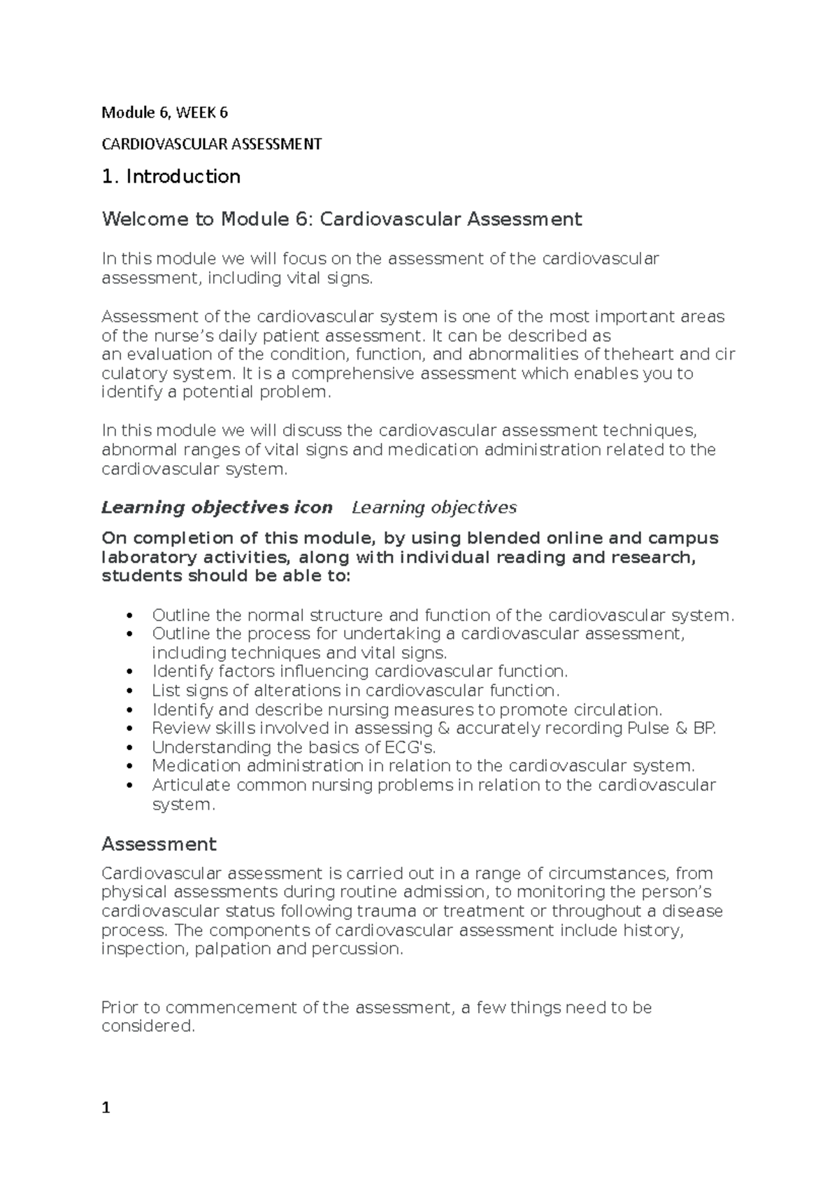 Module 6 - Lecture notes 6 - Module 6, WEEK 6 CARDIOVASCULAR ASSESSMENT ...