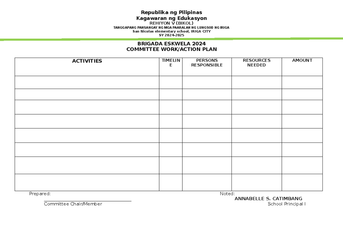 Committee WORK PLAN for Brigada Eskwela 2024 - Bachelor of Elementary ...