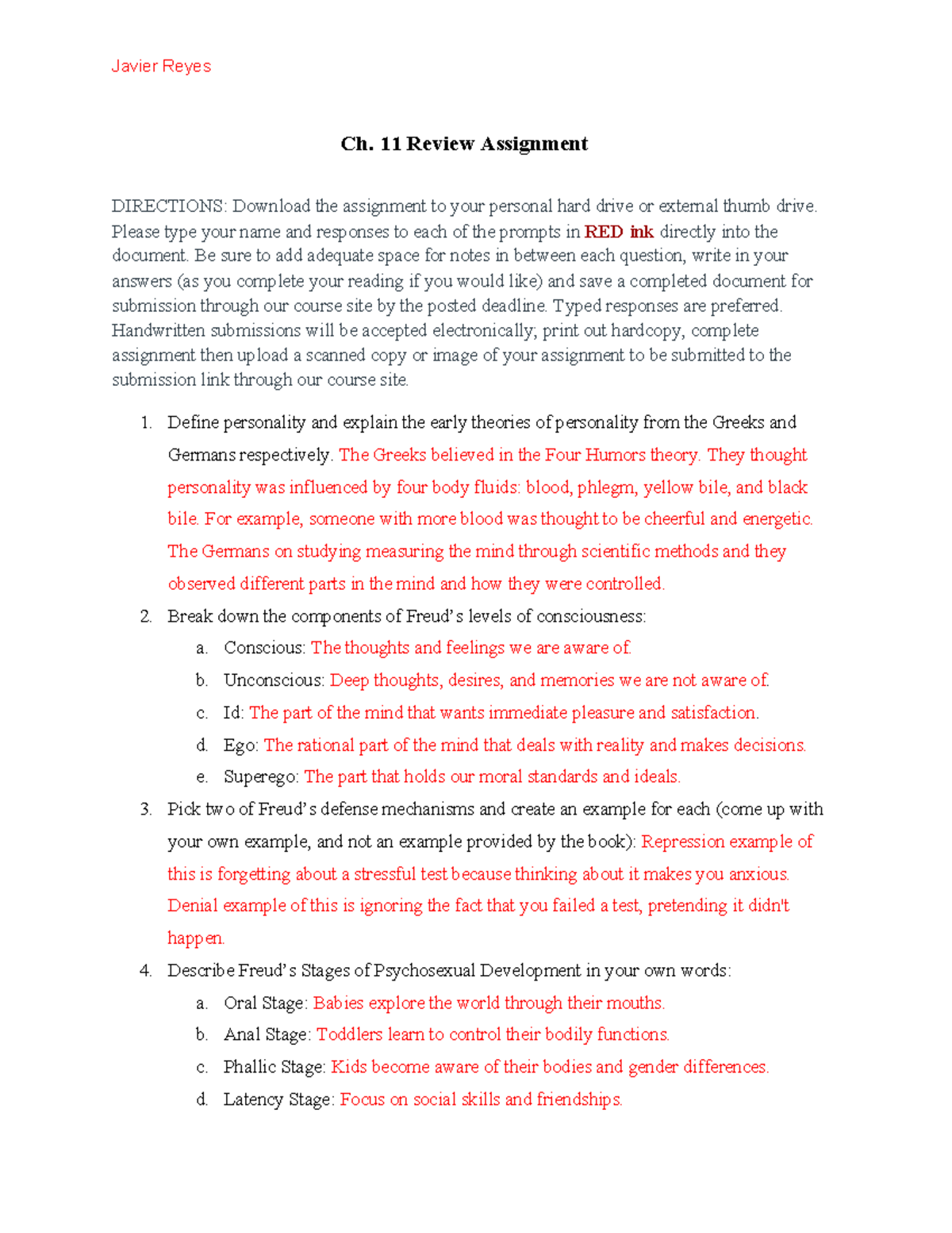 Copy of Chapter 11 Review Assignment (Personality) - Ch. 11 Review ...